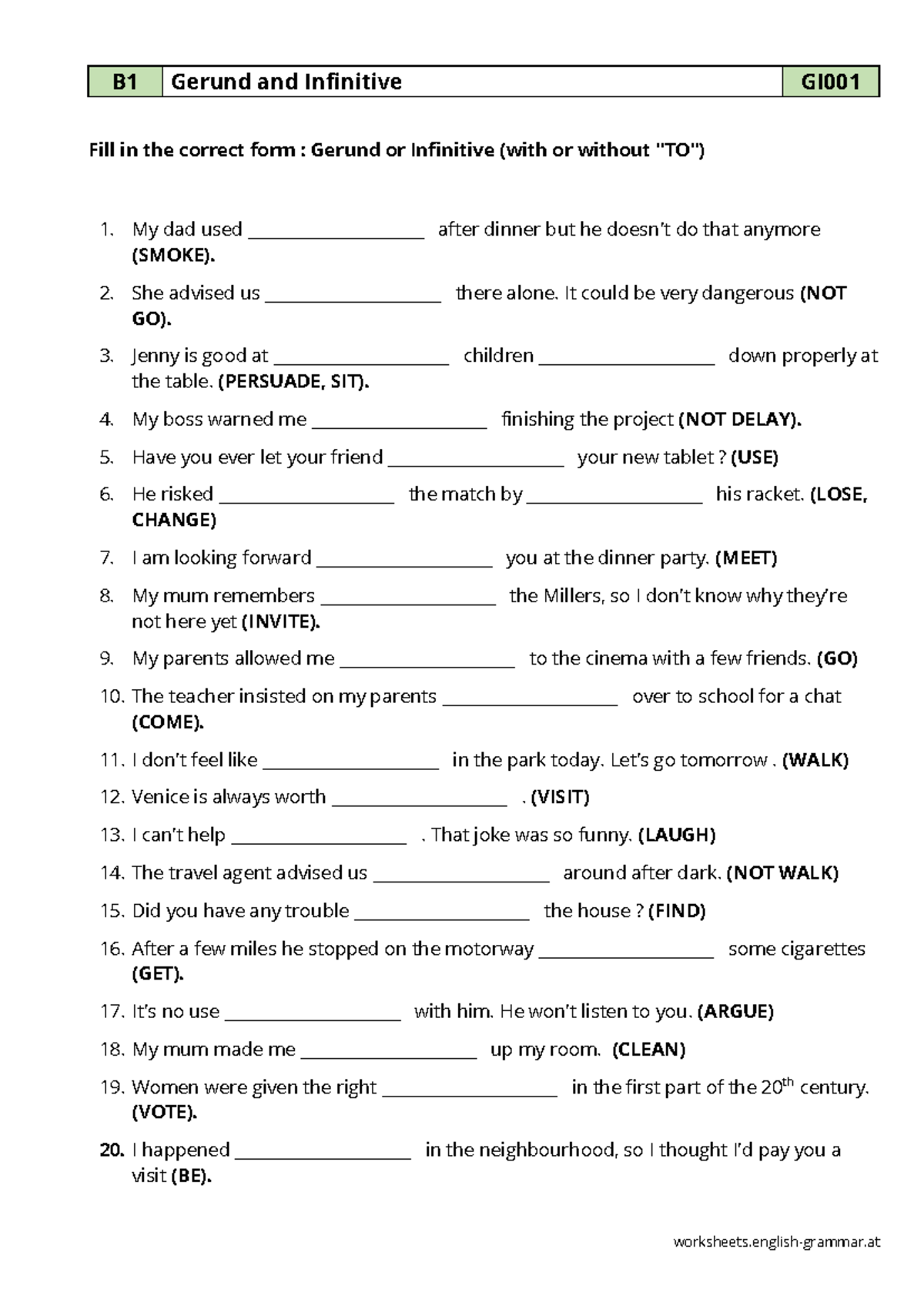 Gerund and Infinitive PDF worksheets B1 GI001 - worksheets.english-grammar B1 Gerund and ...