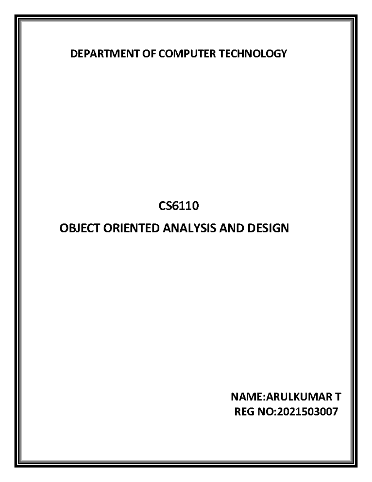 OOAD NEW Record - DEPARTMENT OF COMPUTER TECHNOLOGY CS OBJECT ORIENTED ...