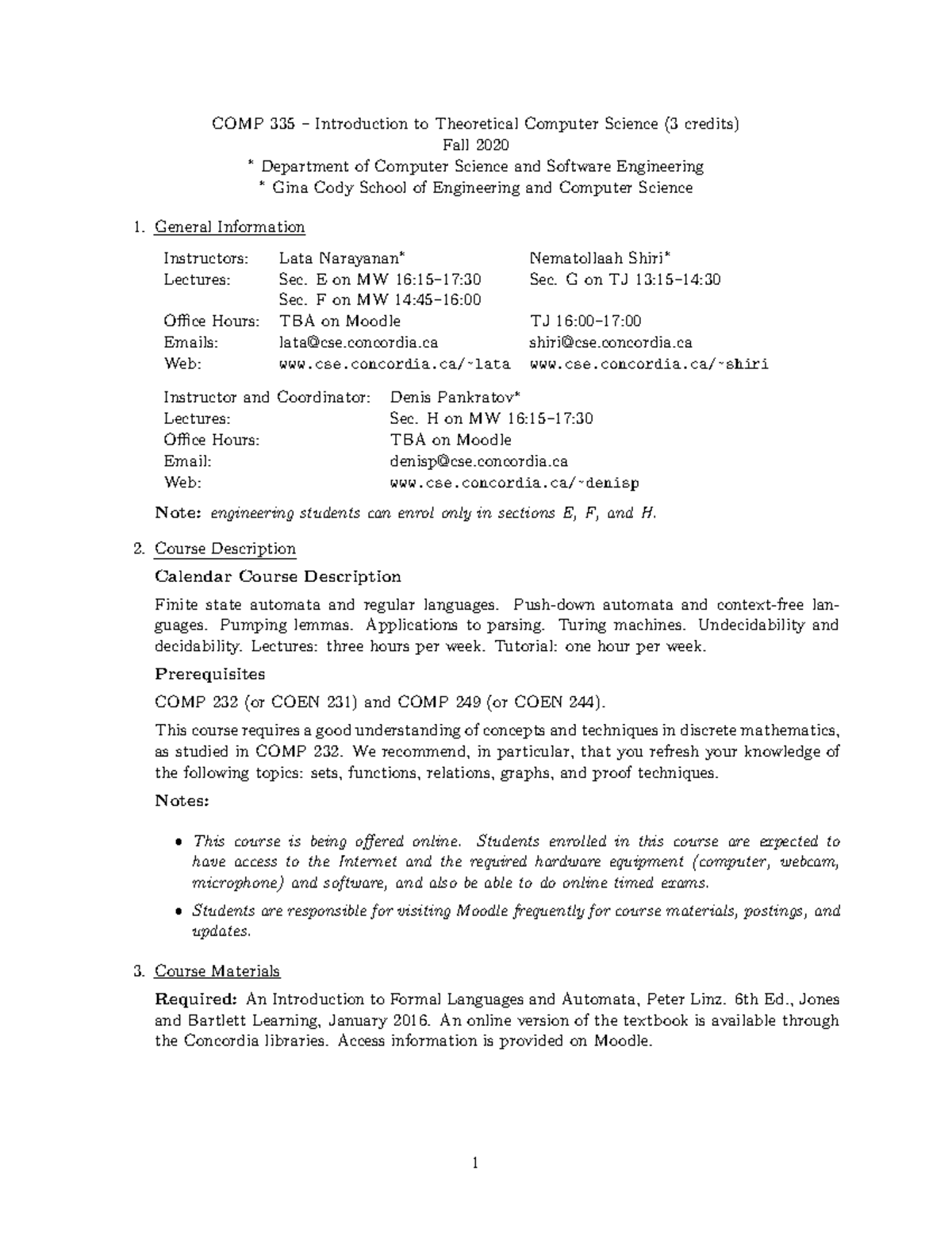 Course Outline Fall 2020 - COMP 335 – Introduction to Theoretical ...