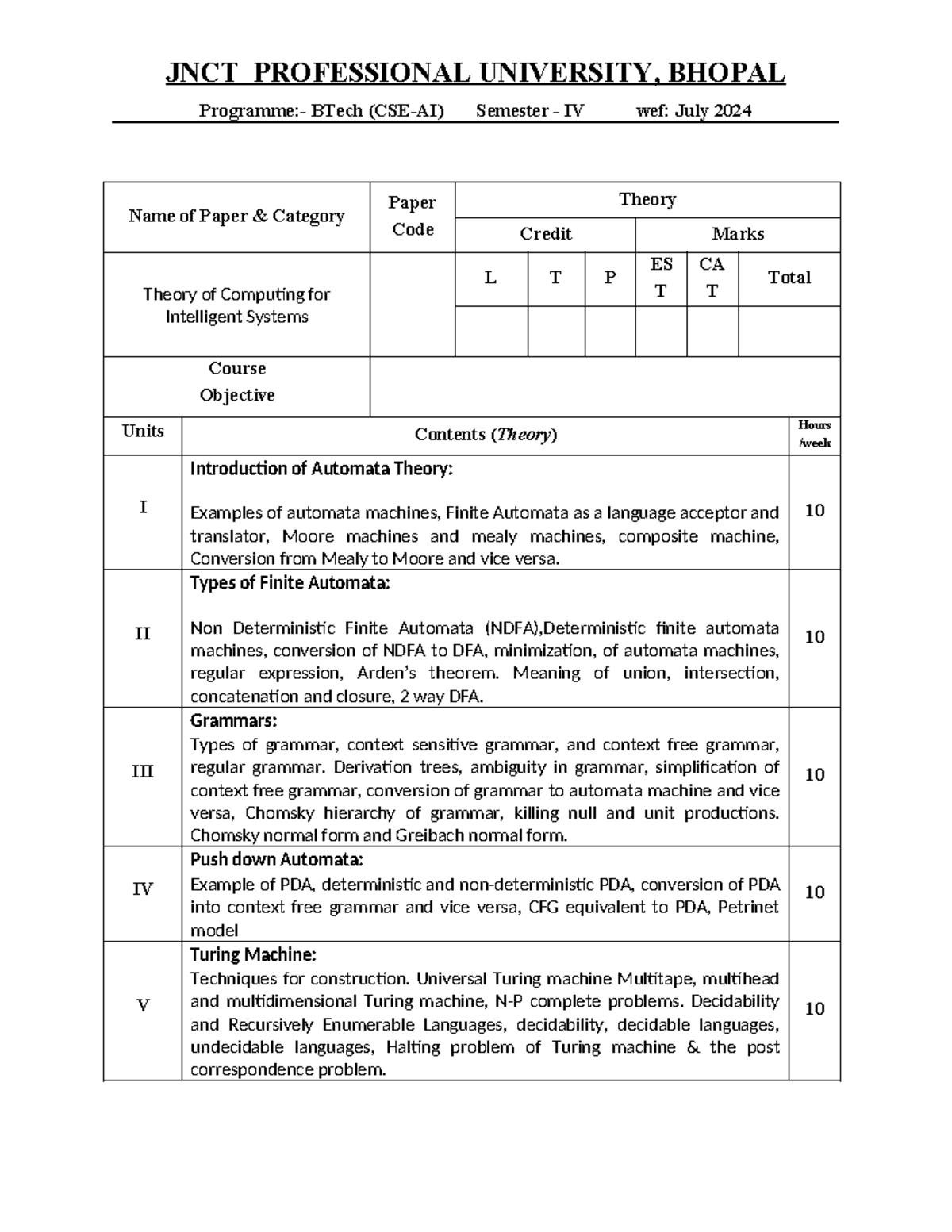 Btech Cse Ai 4th Syllabus Programme Btech Cse Ai Semester Iv Wef July 2024 Name Of