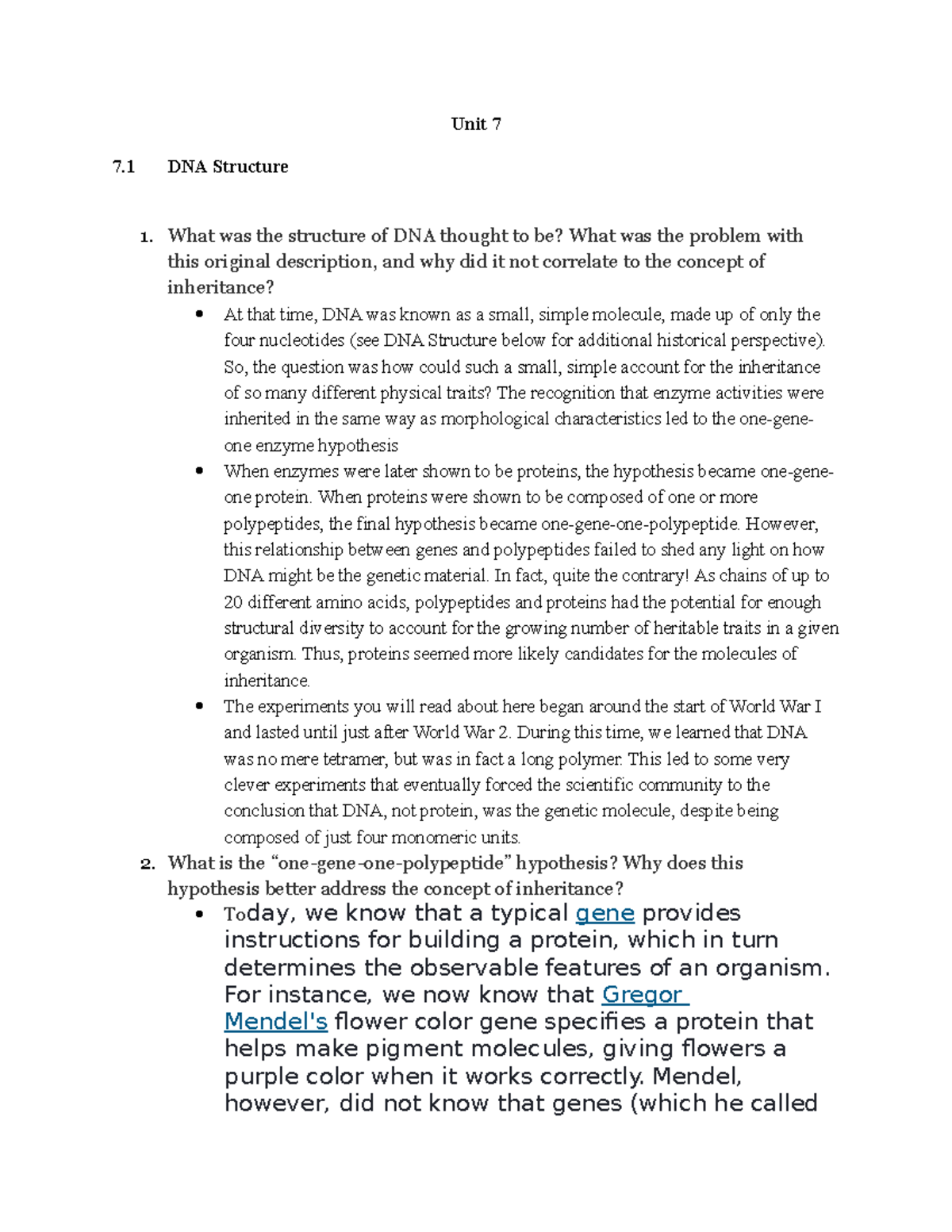 Unit 7 final prep - chapter notes - Unit 7 7 DNA Structure 1. What was ...