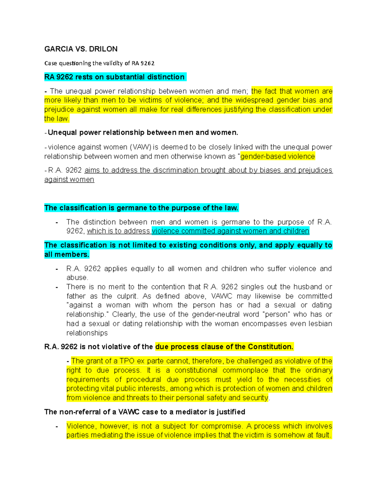 Gender and the law cases - GARCIA VS. DRILON Case questioning the ...