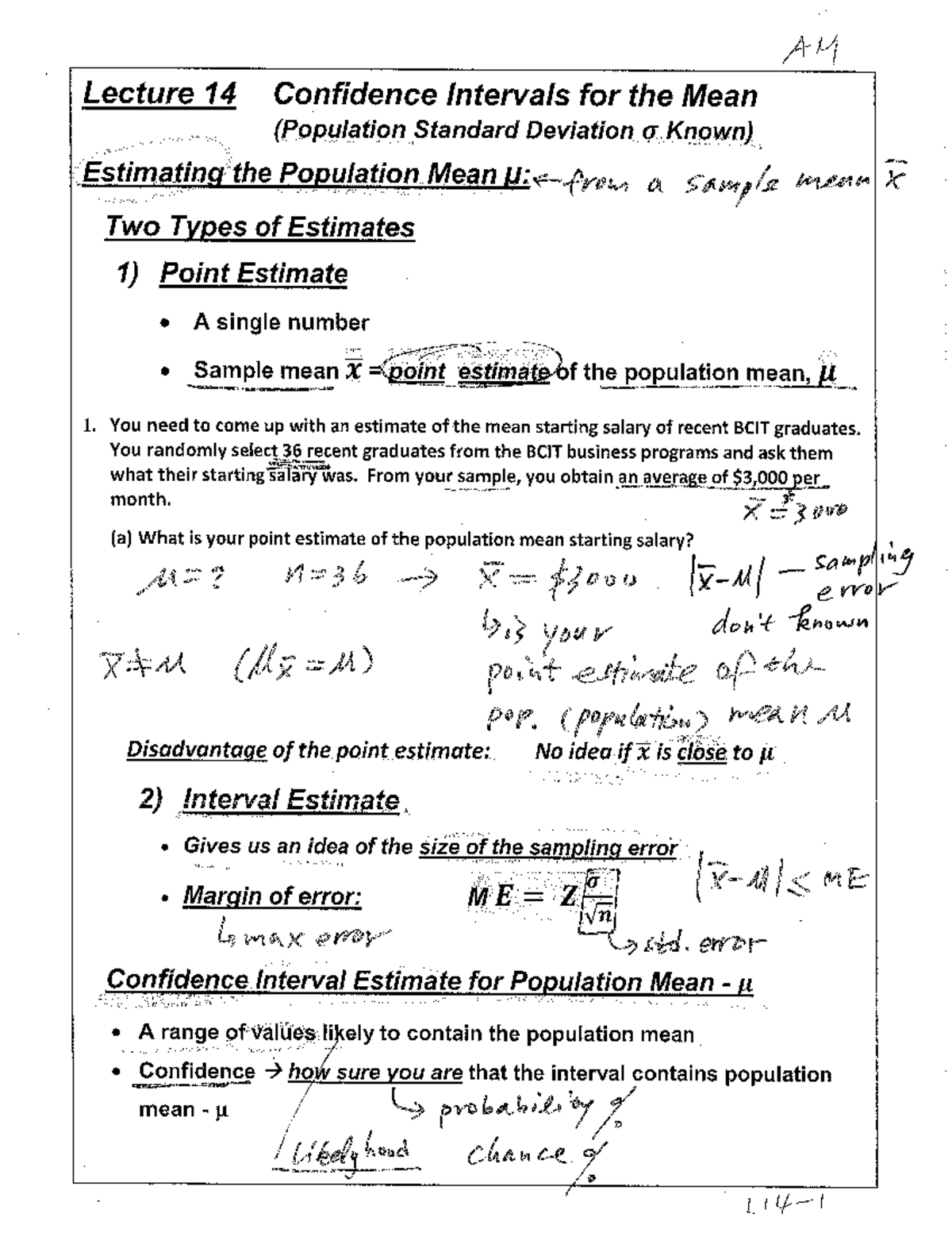Lecture 14 Notes - confidence intervals for the mean( population ...