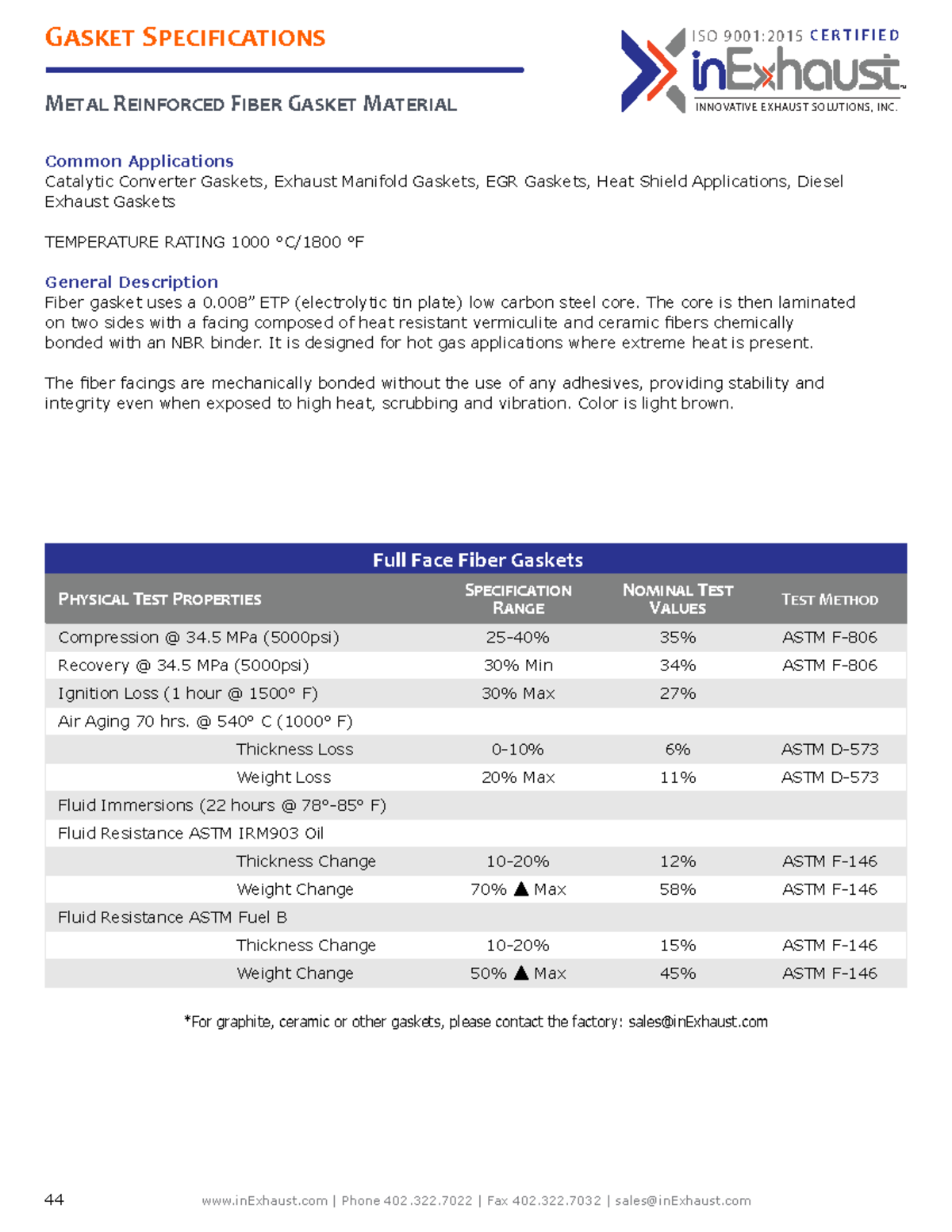 Inexhaust-gasket-specifications - 44 INNOVATIVE EXHAUST SOLUTIONS, INC ...