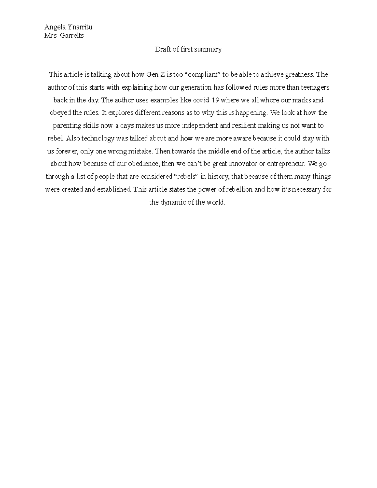 Draft of first summary-2 - Angela Ynarritu Mrs. Garrelts Draft of first ...