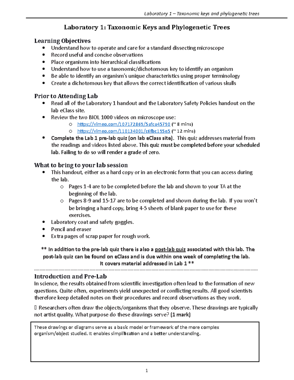 Biol 1001 lab 1 - Lab 1 - Laboratory 1: Taxonomic Keys and Phylogenetic Trees Learning ...
