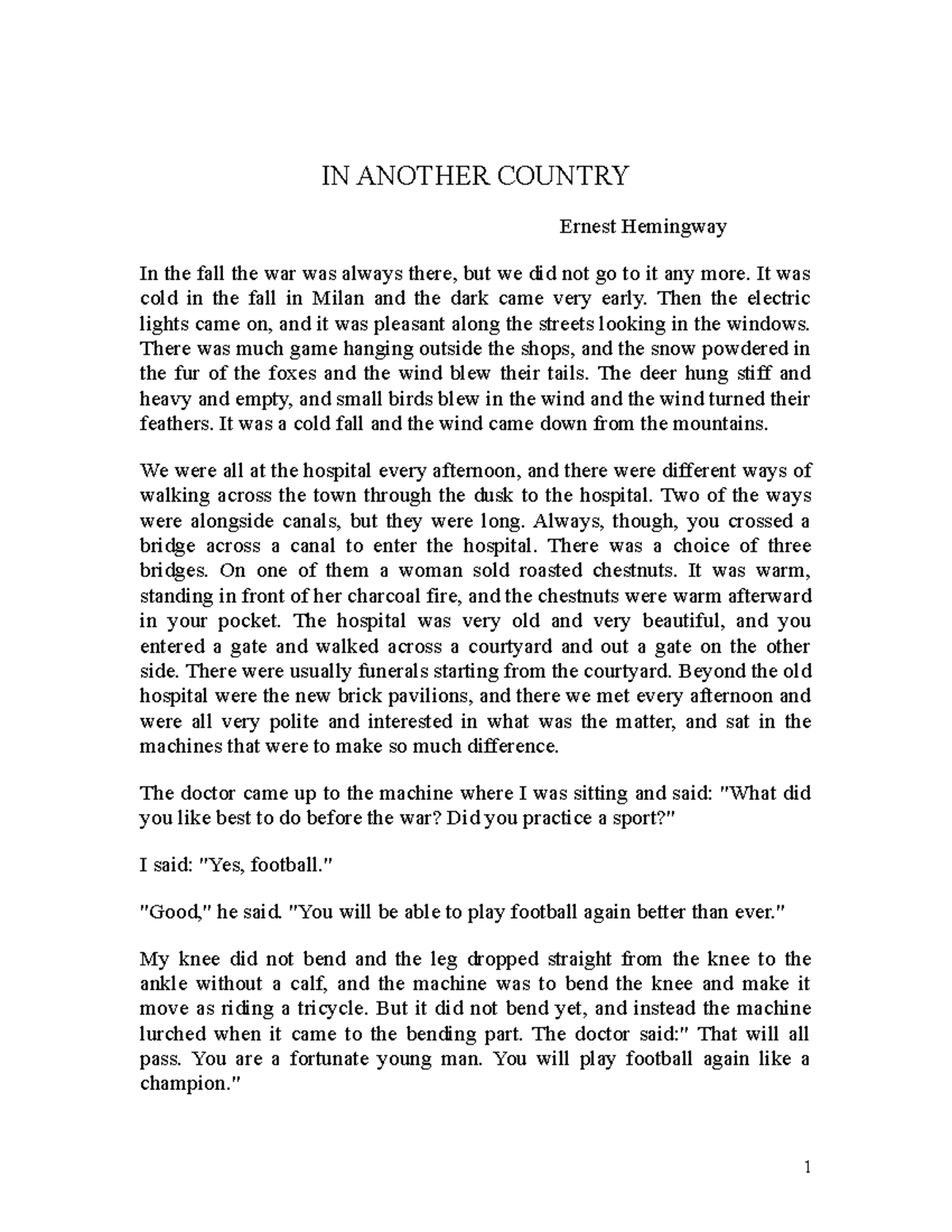 IN Another Country- Hemingway - IN ANOTHER COUNTRY Ernest Hemingway In ...
