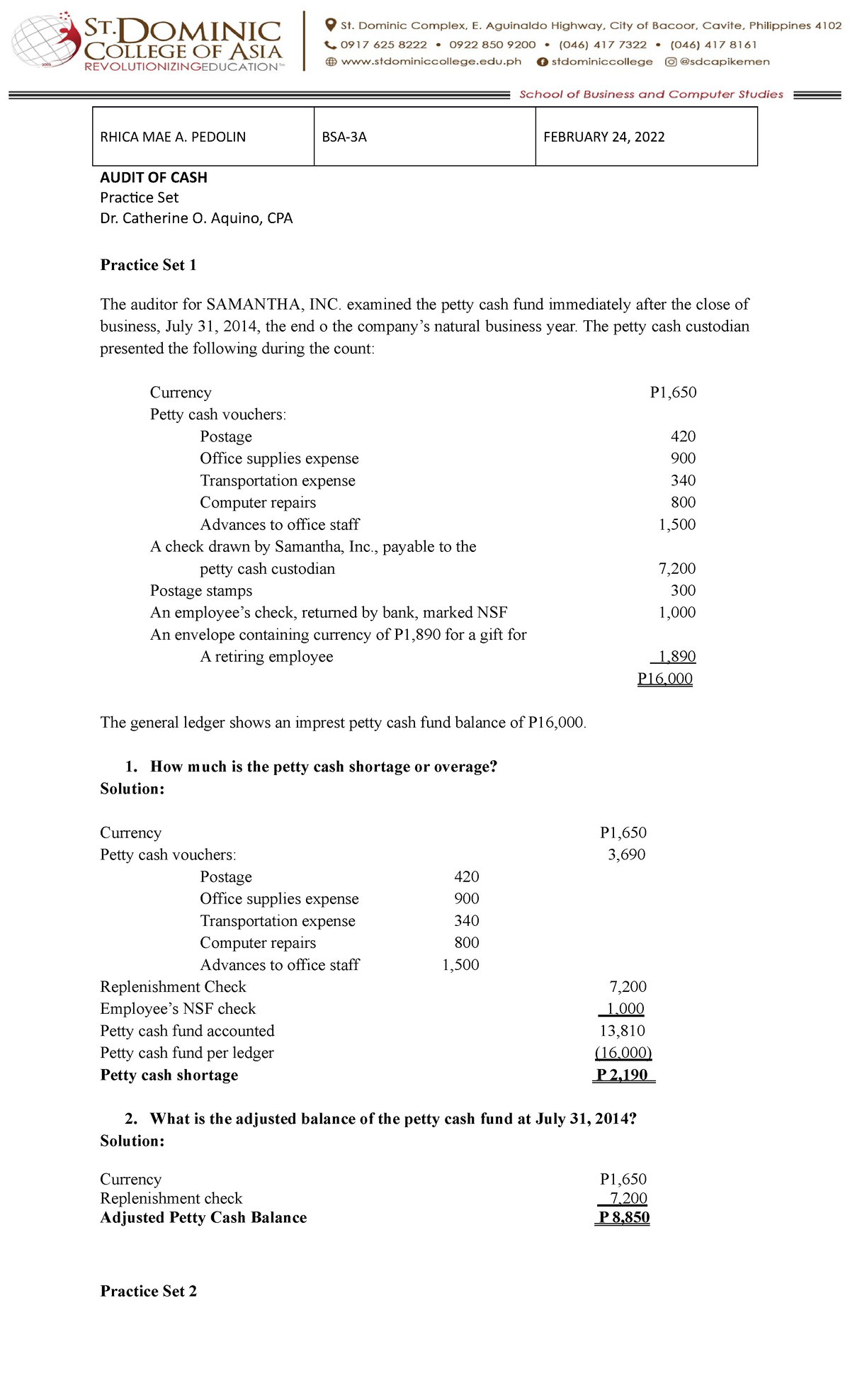 Practice Set Audit of Cash by Prof. Catherine - AUDIT OF CASH Practice ...