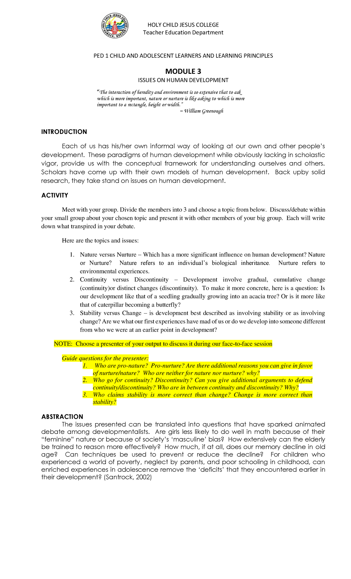 PED 1 Module 3 4 - Ped1 - Teacher Education Department PED 1 CHILD AND ...