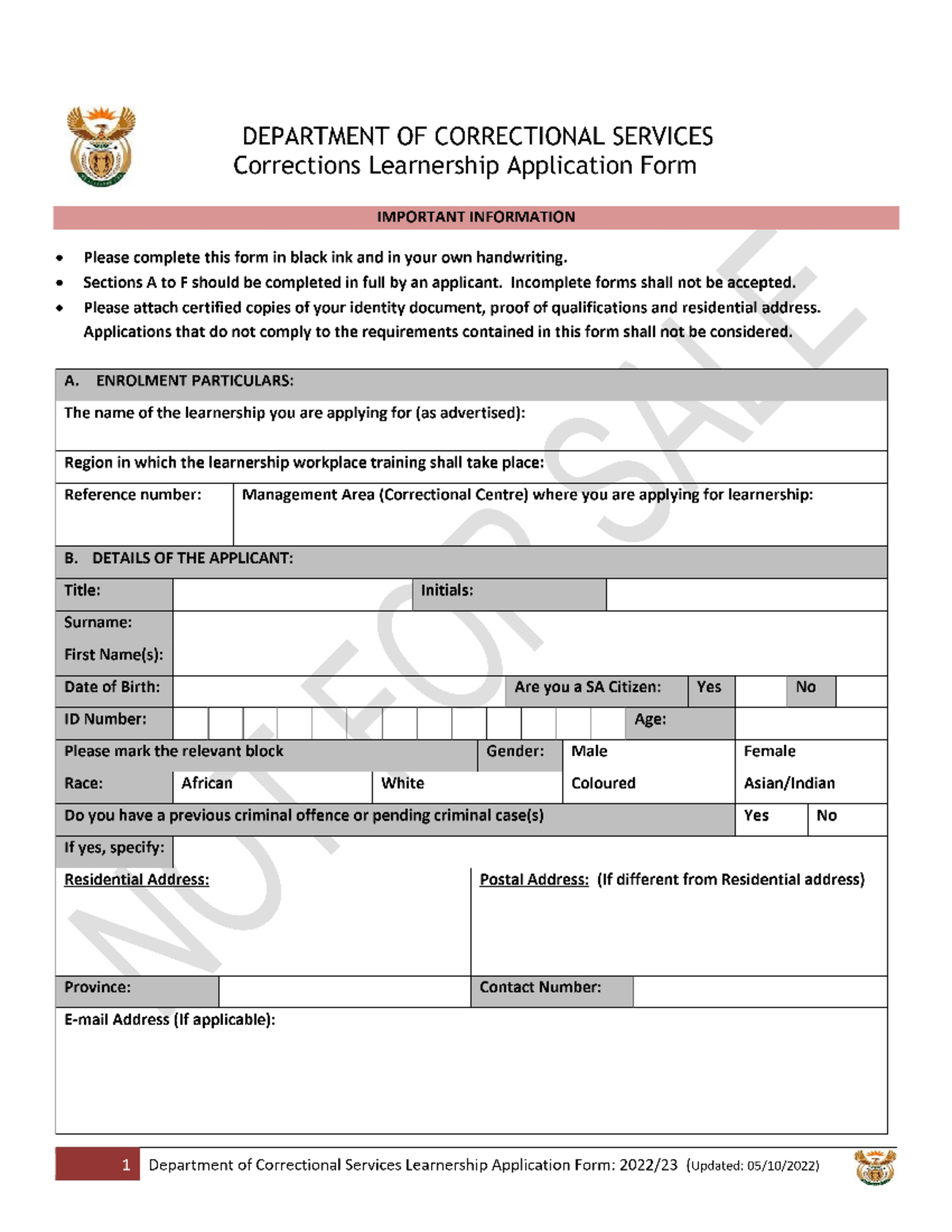 Corrections Learnership Application Form 20222023 - INS1502 - Studocu