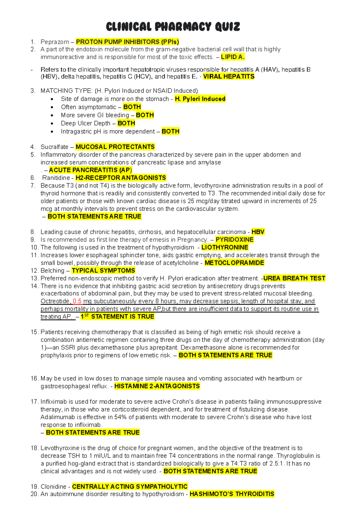 Clinical Pharmacy QUIZ - CLINICAL PHARMACY QUIZ Peprazom – PROTON PUMP ...