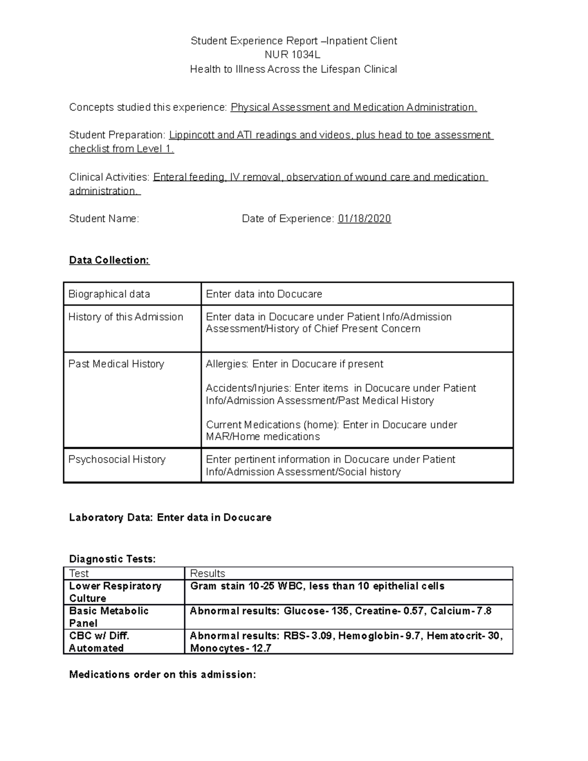 SER Inpatient client - Notes - NUR 1034L Health to Illness Across the ...