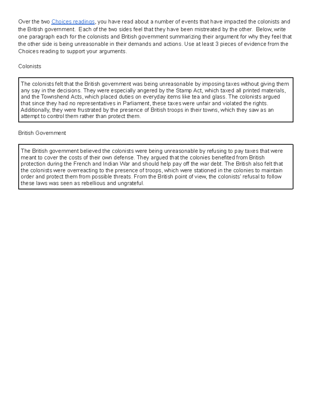 Colonists vs British Government Writing - Over the two Choices readings ...