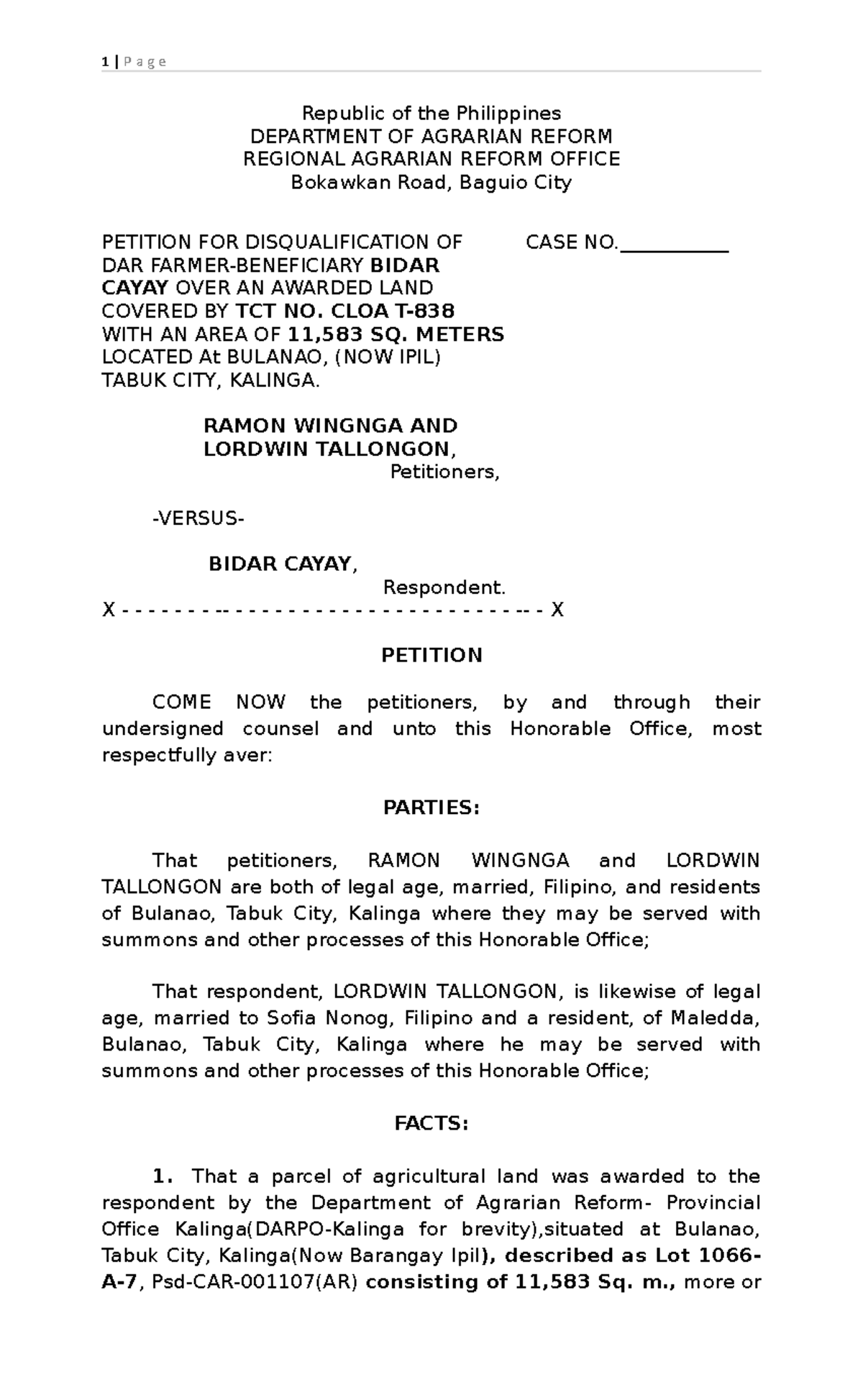 Bidar Cayay V Lordwin - Petition to Disqualify Farmer Beneficiary - Republic of the Philippines ...