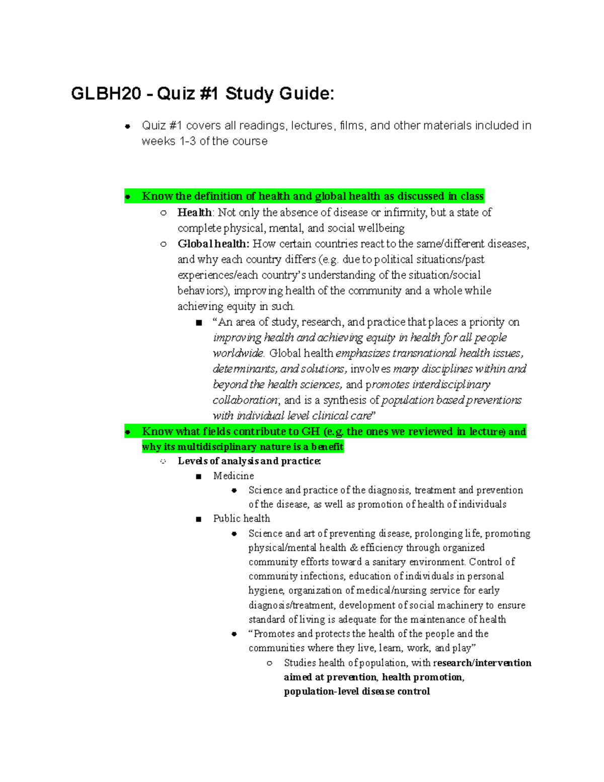 GLBH20 FA22 - Study Guide - GLBH20 - Quiz #1 Study Guide: Quiz #1 ...