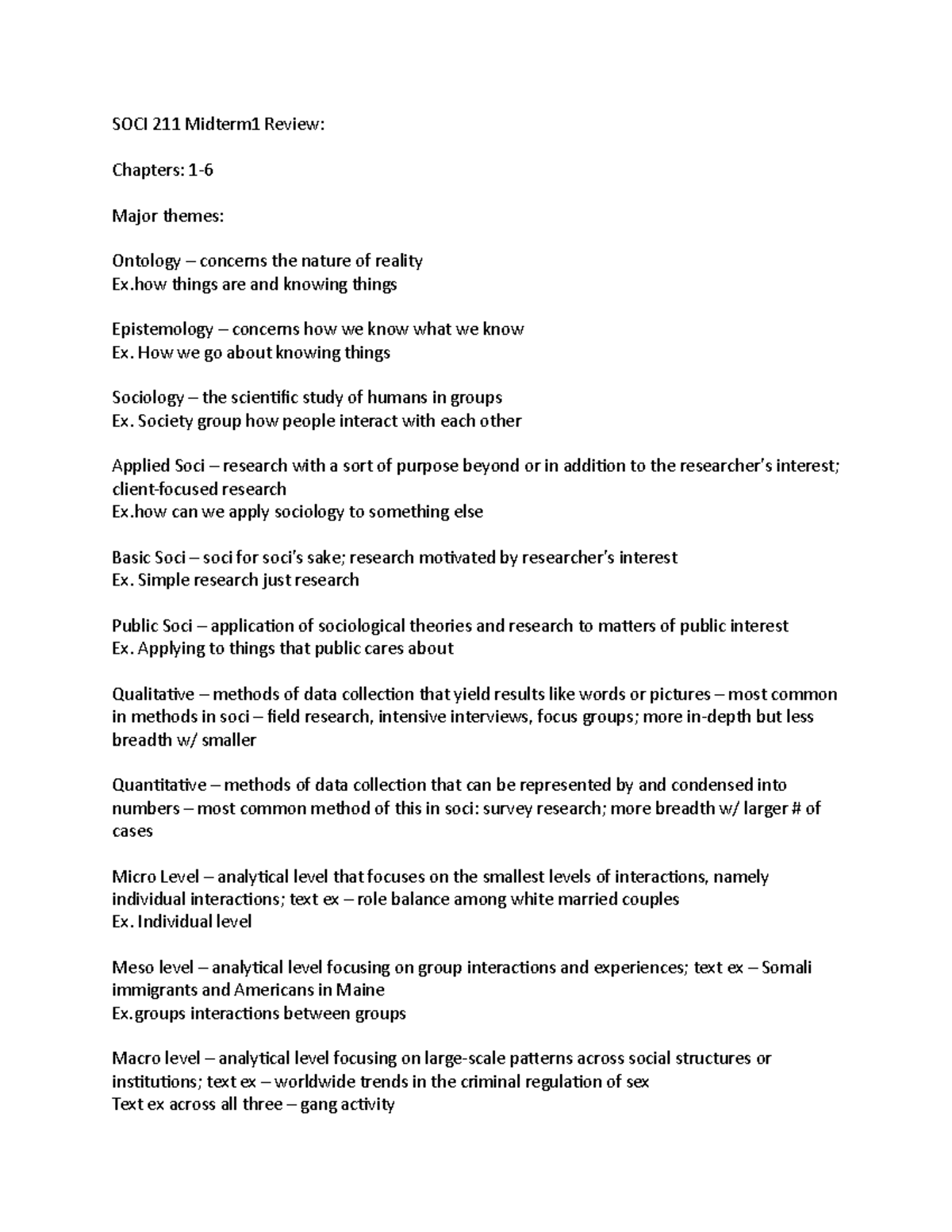 SOCI 211 Midterm 1 Review - SOCI 211 Midterm1 Review: Chapters: 1 ...