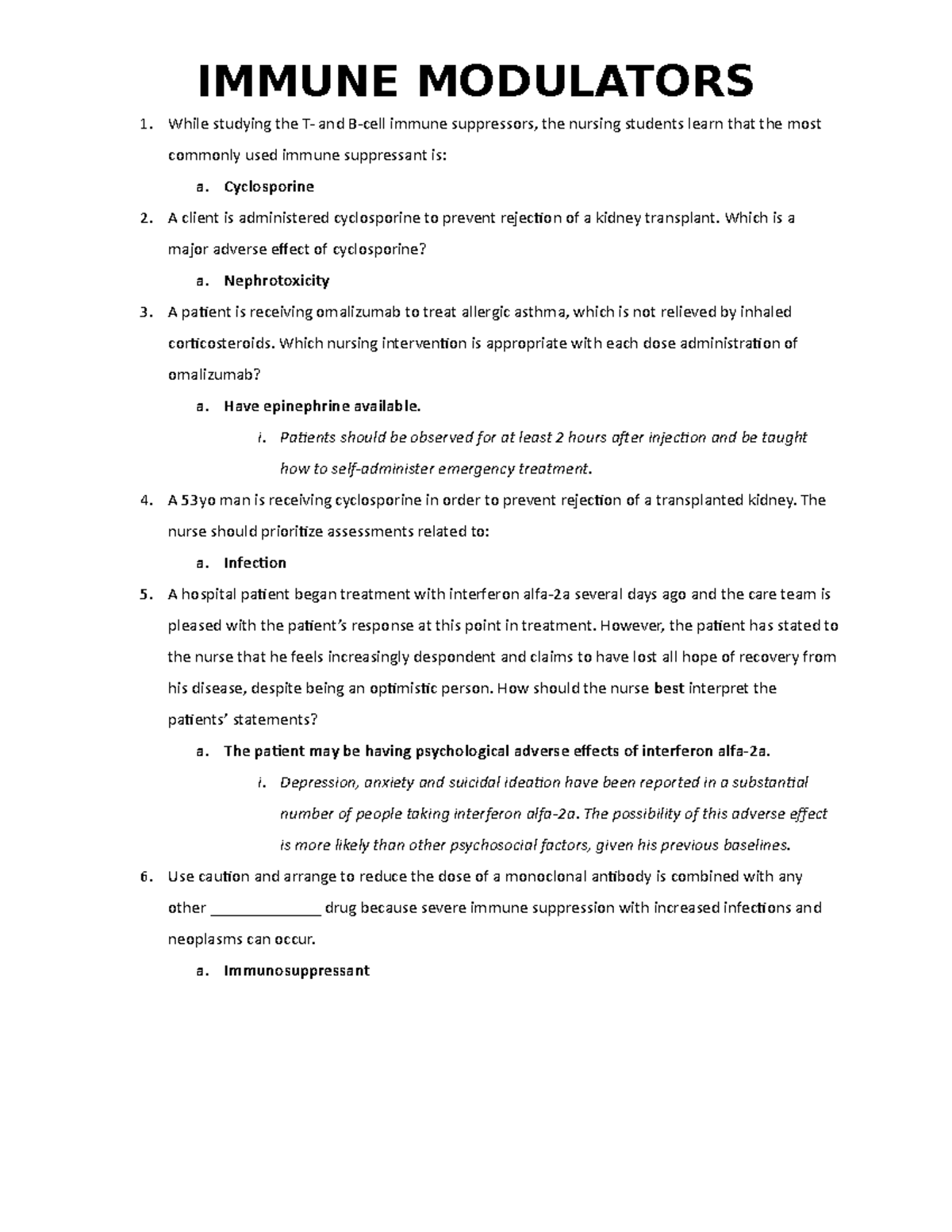 Immune Modulators Questions, answers and rationales - While studying ...