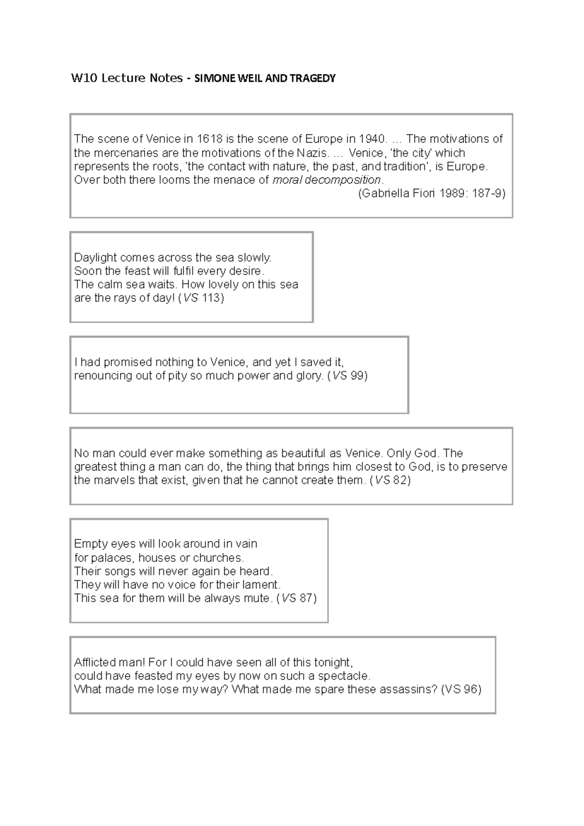 W10 Lecture Notes - Simone WEIL AND Tragedy - W10 Lecture Notes ...