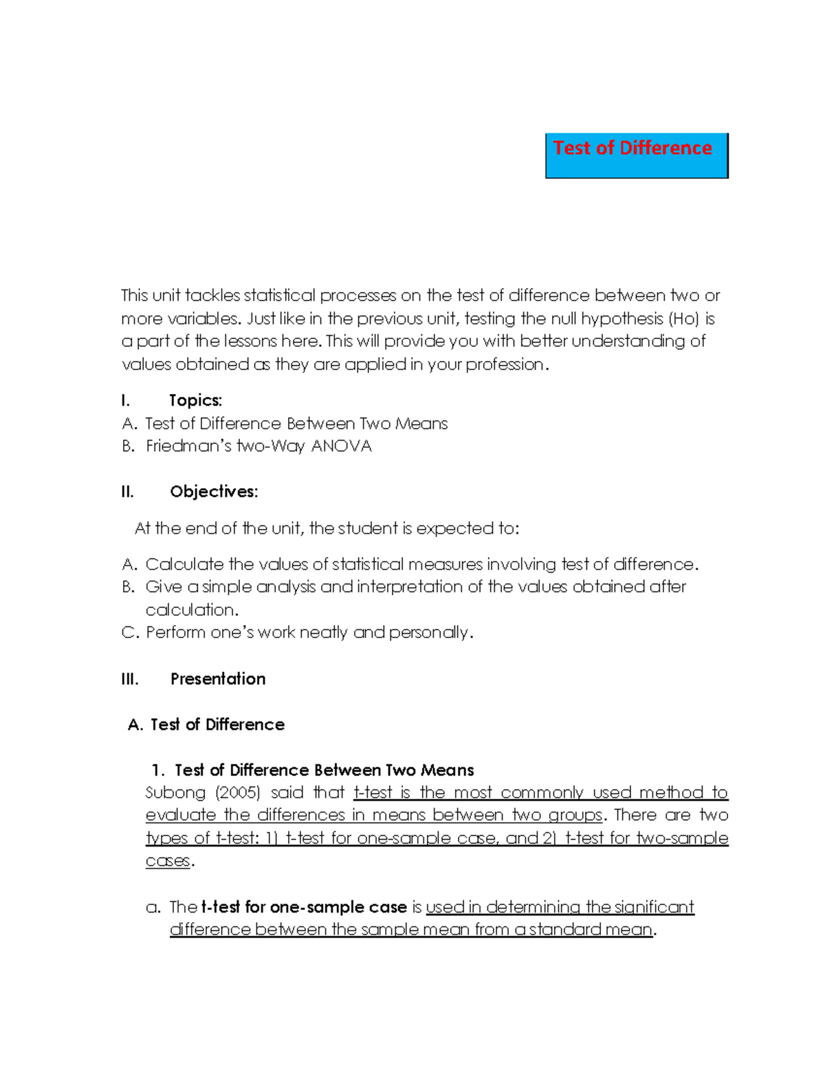 CAF Test of Difference - Test of Difference This unit tackles ...