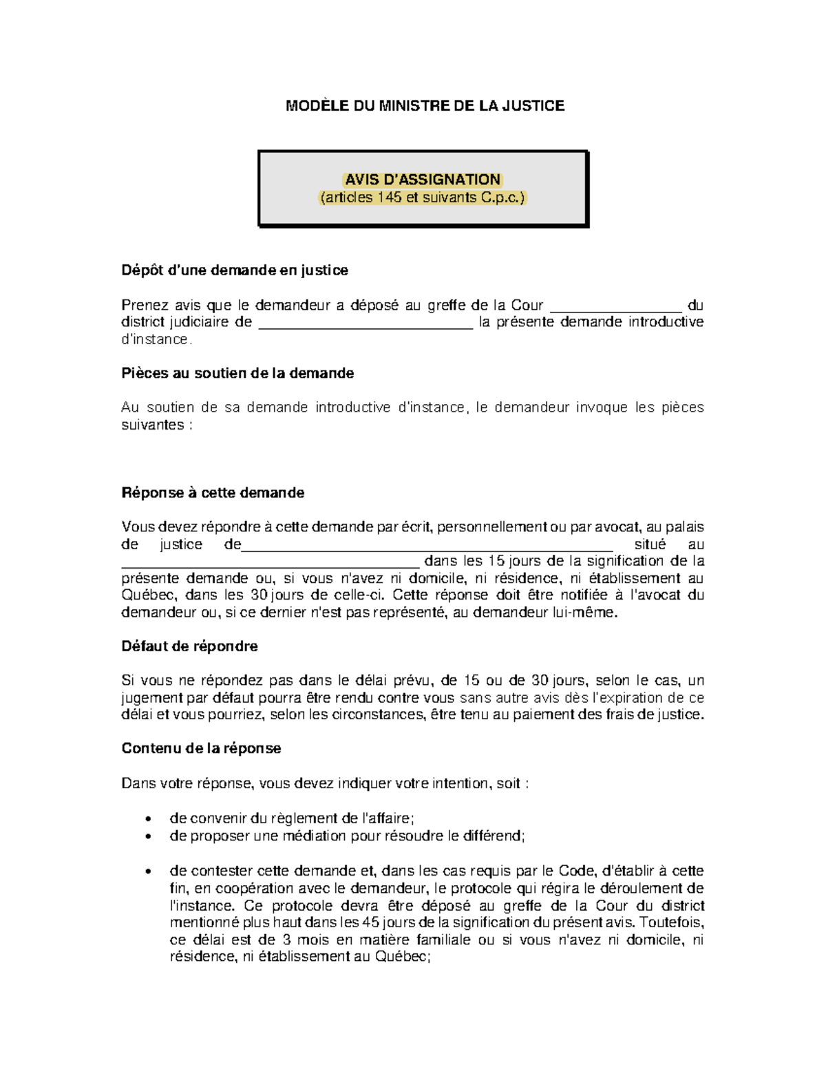 Avis assignation - Exercice du barreau pour le cours de procédure ...