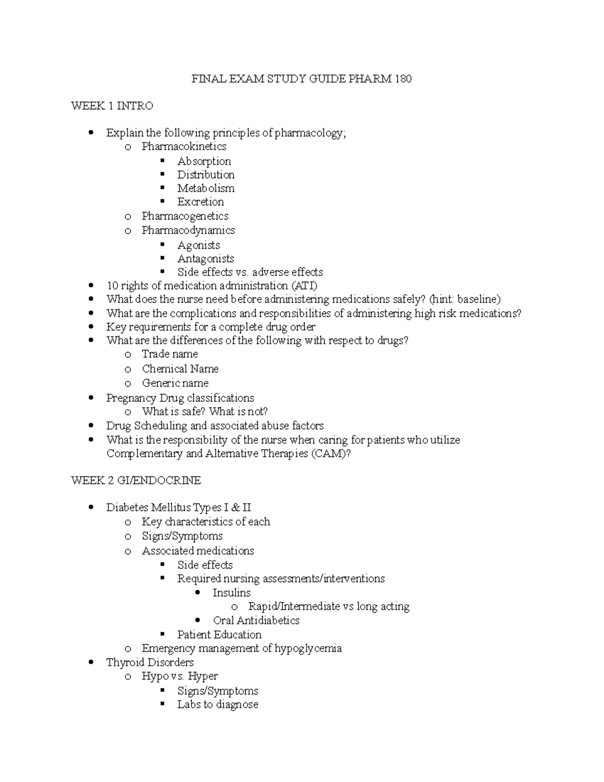 Study Guide Pharm 180 - FINAL EXAM STUDY GUIDE PHARM 180 WEEK 1 INTRO ...