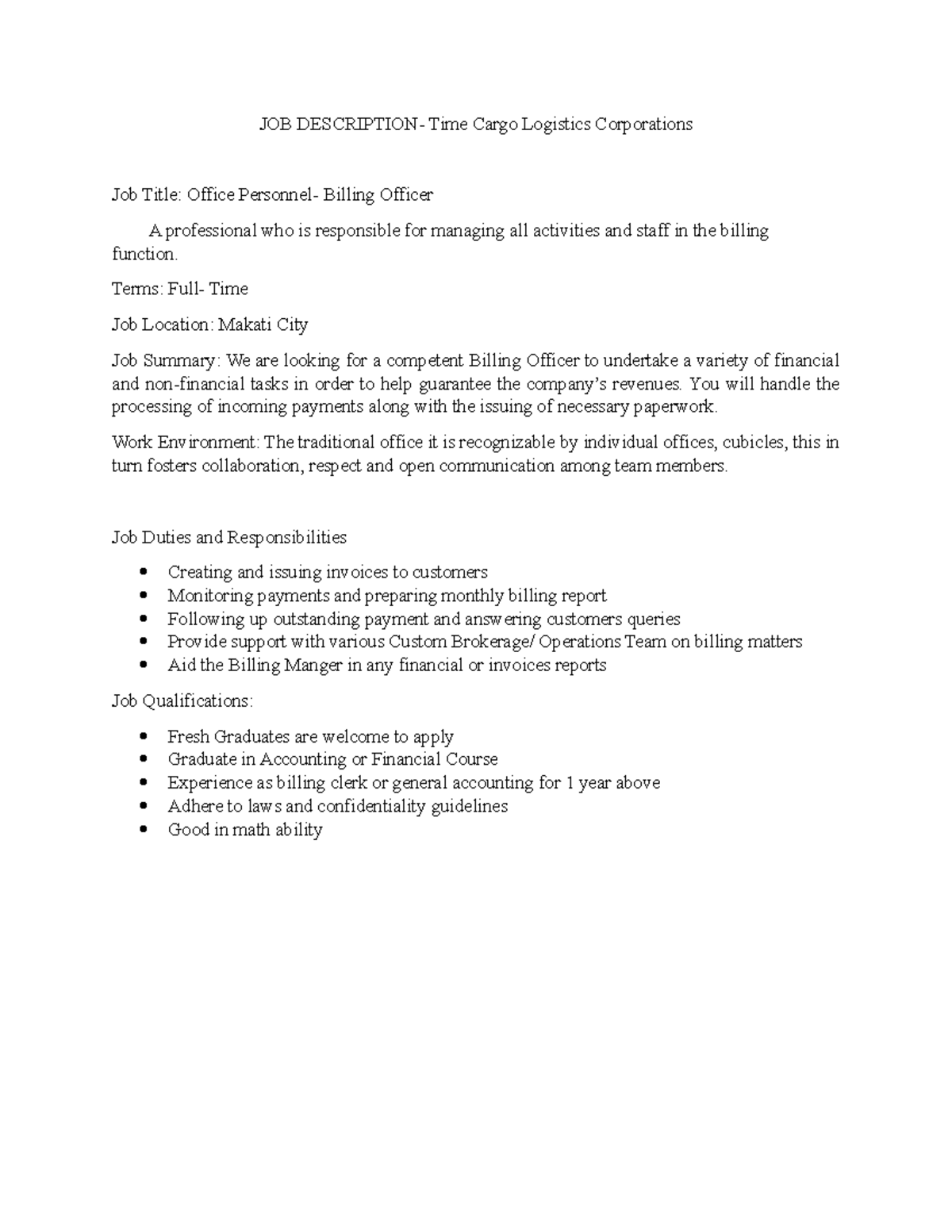 JOB-D - Description - JOB DESCRIPTION- Time Cargo Logistics ...