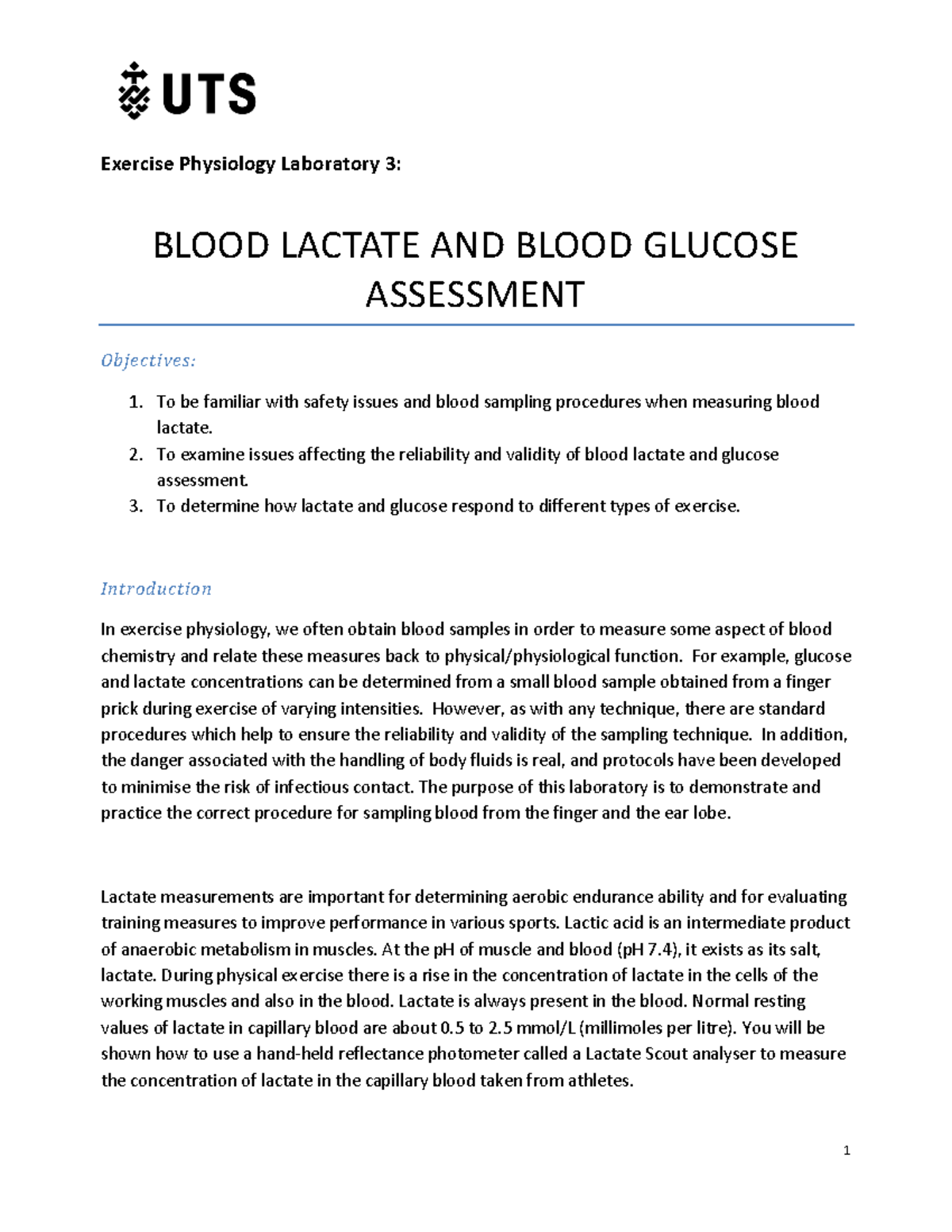 Lab 3 Wk4 notes - Blood lactate and blood glucose assessment - Exercise ...