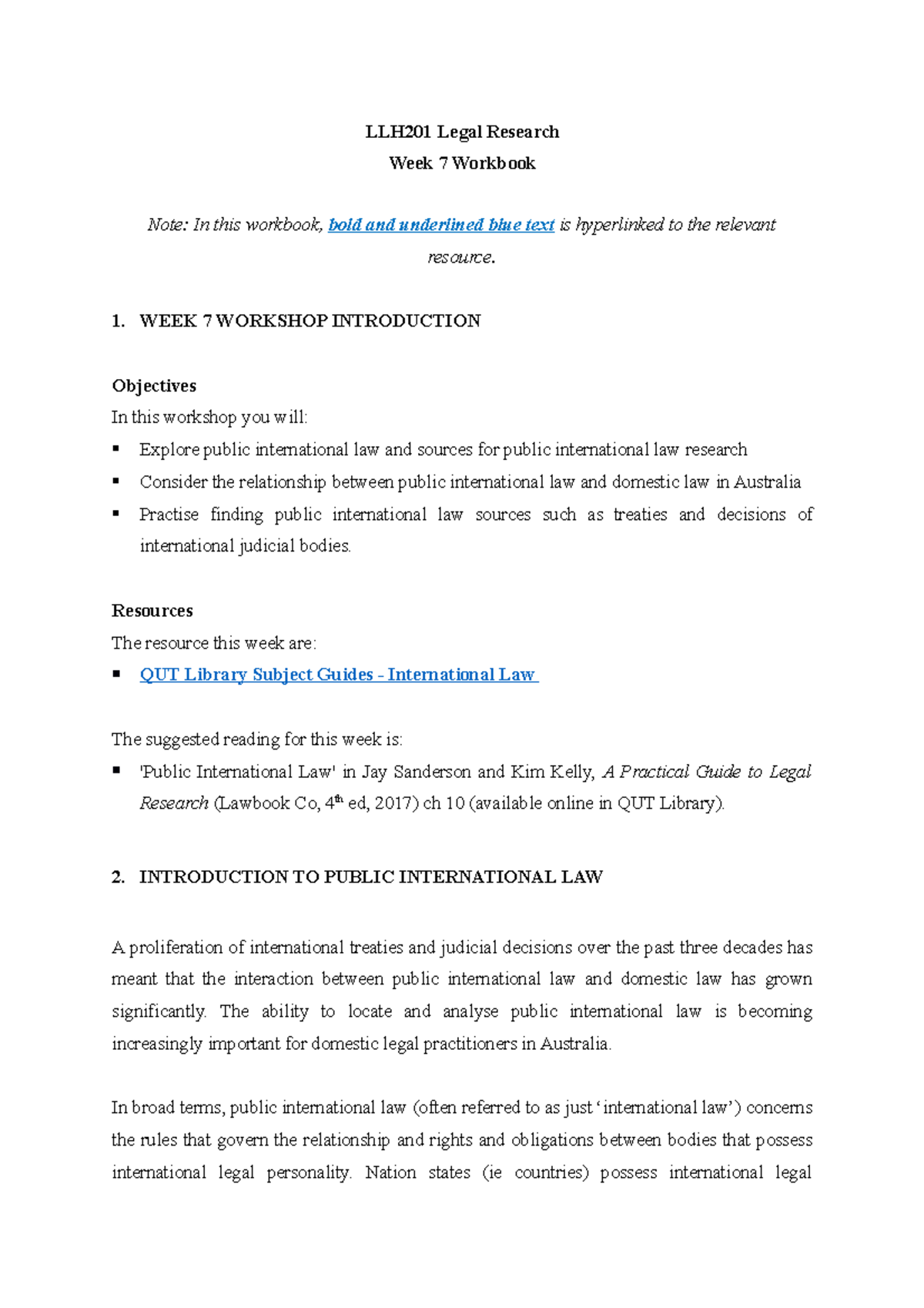 2023 - Week 7 Workbook - practice pub international law - LLH201 Legal ...