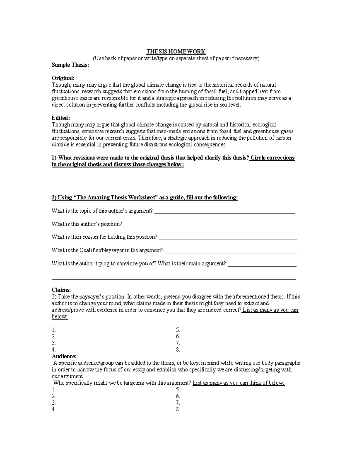 Thesis Homework - THESIS HOMEWORK (Use back of paper or write/type on ...