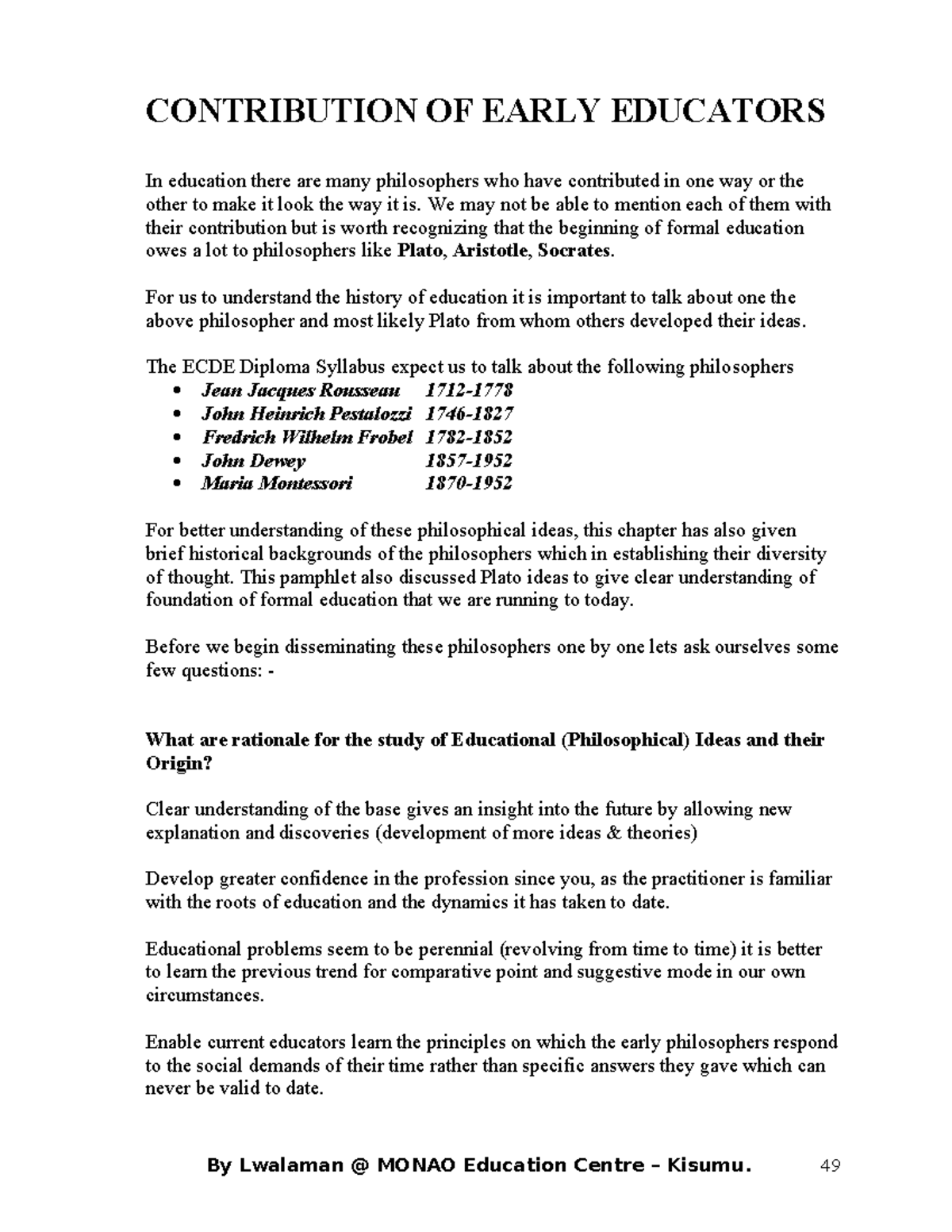 Early Educators - CONTRIBUTION OF EARLY EDUCATORS In education there ...