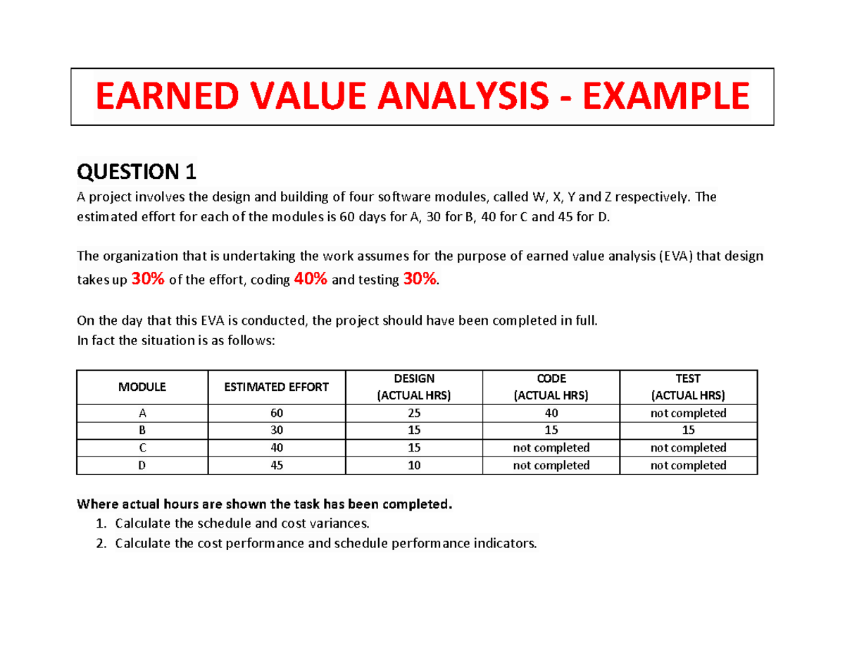 Earnedvalueanalysis Example - EARNED VALUE ANALYSIS - EXAMPLE QUESTION 1 A project involves the ...