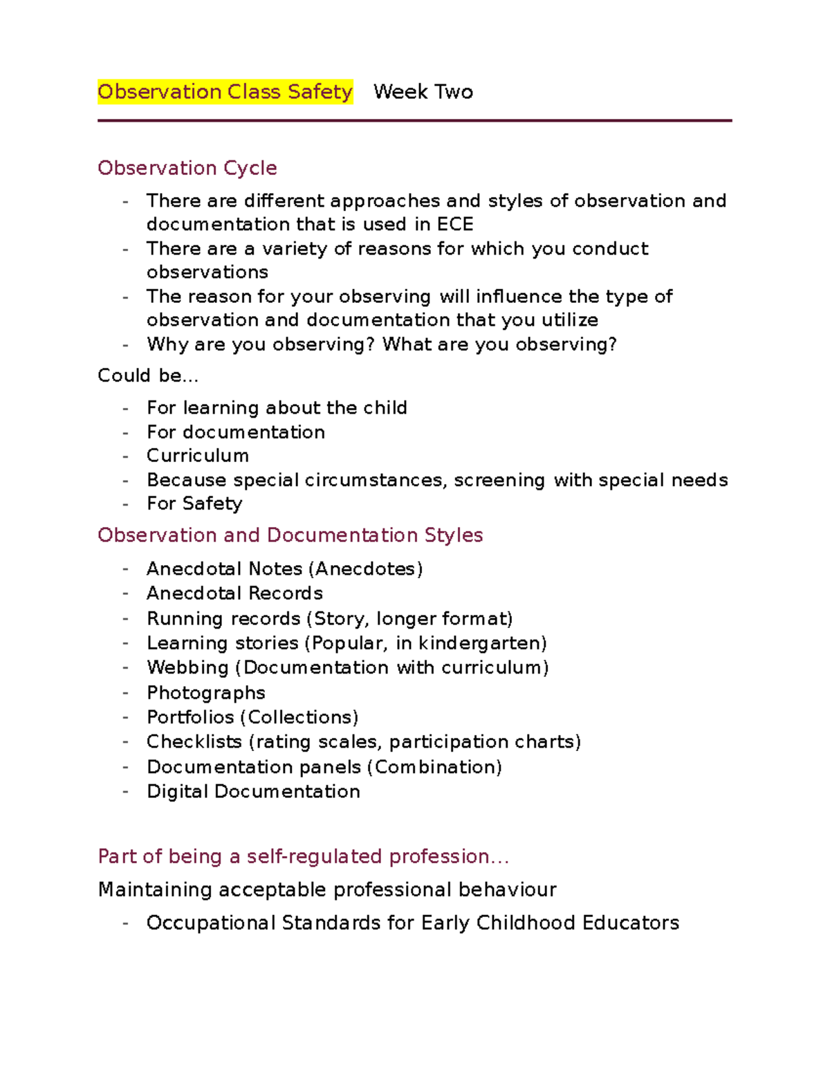 Observation Class Safety Week Two - Observation Class Safety Week Two ...