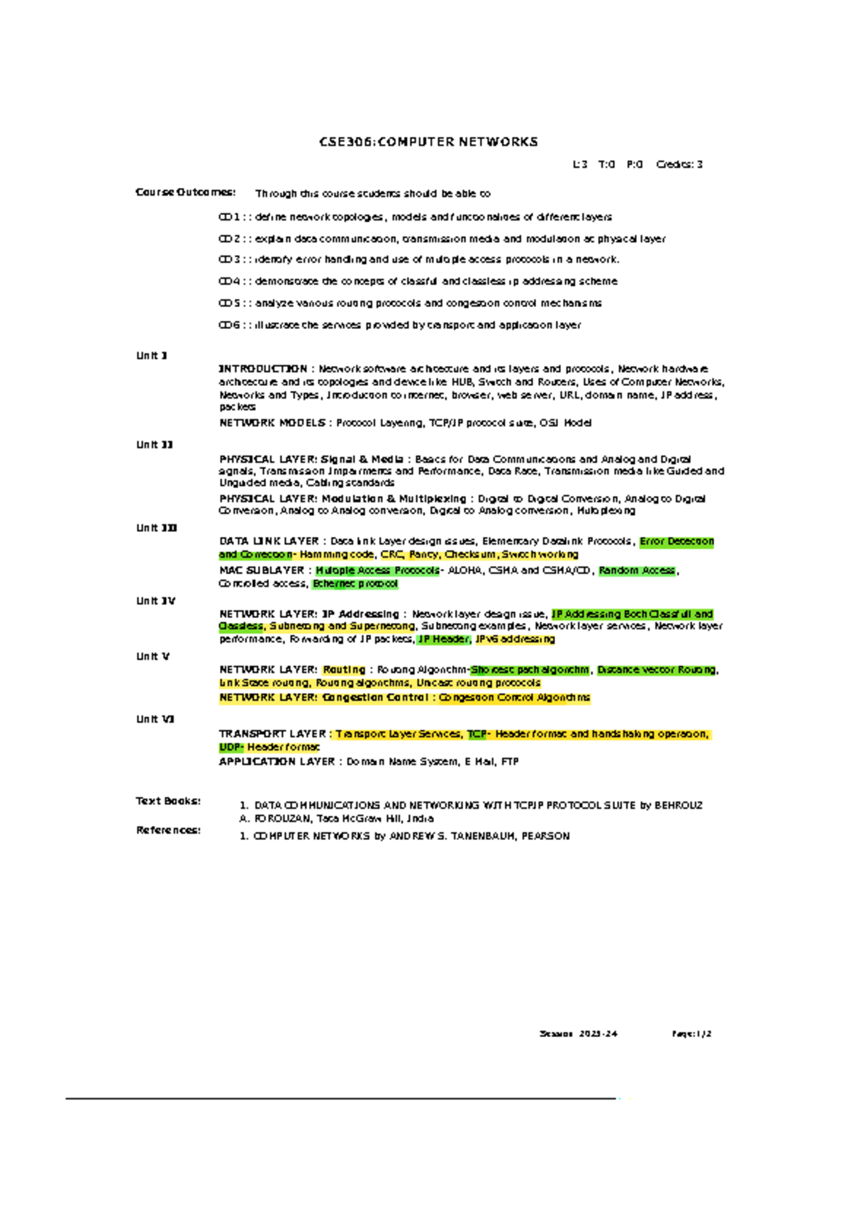 CSE 306 important - imp sylabus - CSE306:COMPUTER NETWORKS Course Outcomes: CO1 :: define ...