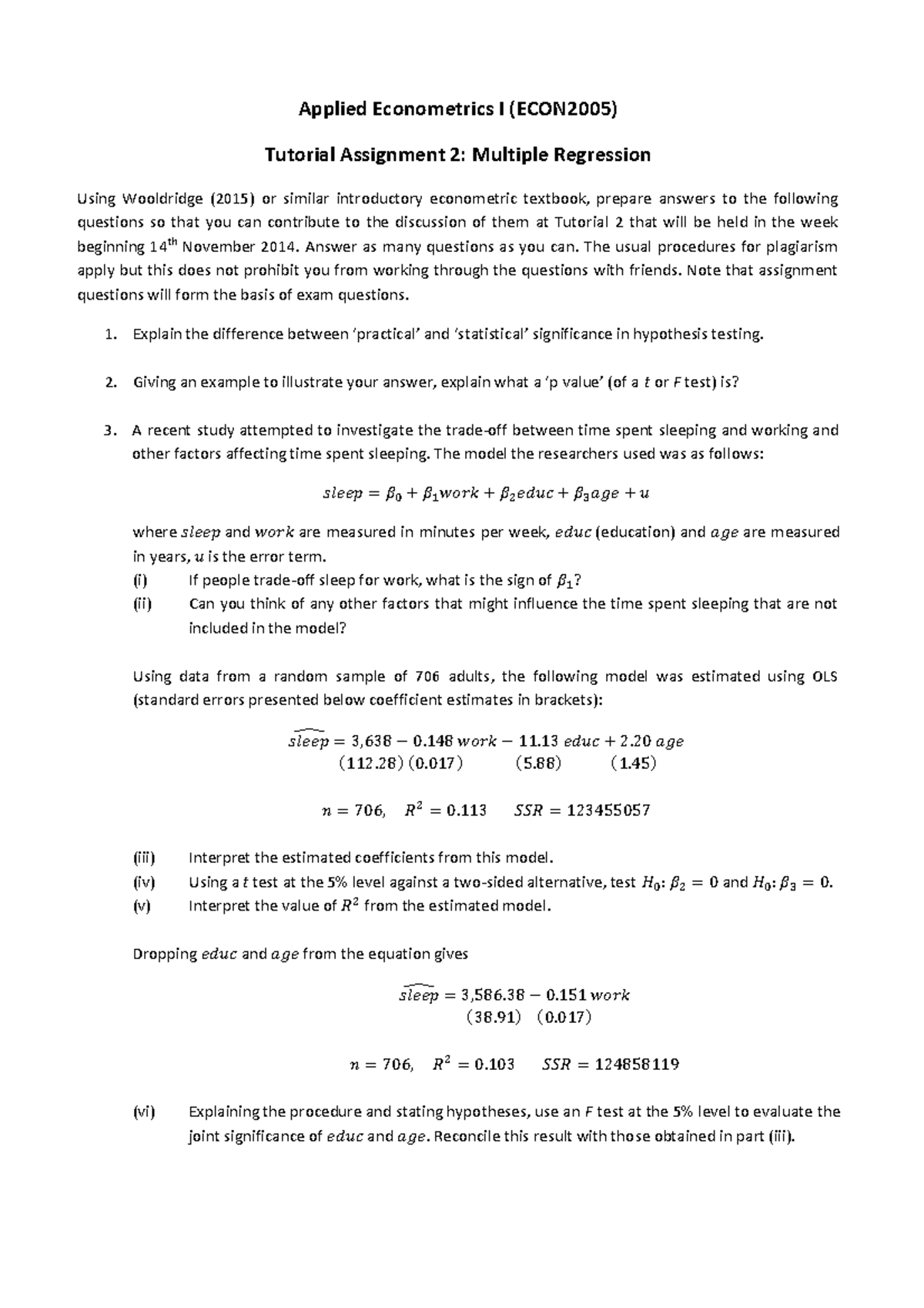 Tutorial Assignment 2 Applied Econometrics I Econ2005 Tutorial Assignment 2 Multiple