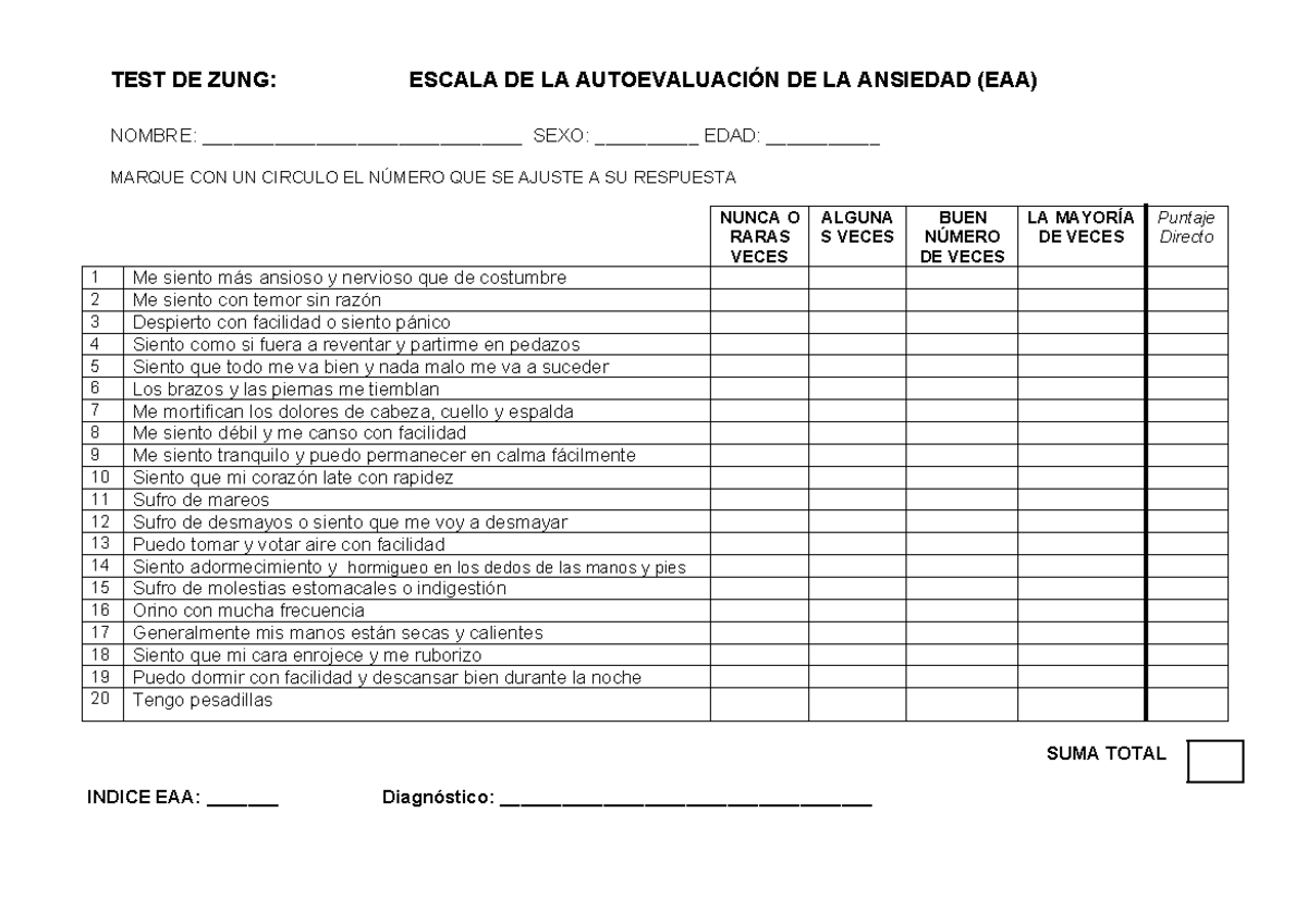 Escala DE ZUNG - Ansiedad - TEST DE ZUNG: ESCALA DE LA AUTOEVALUACIÓN ...