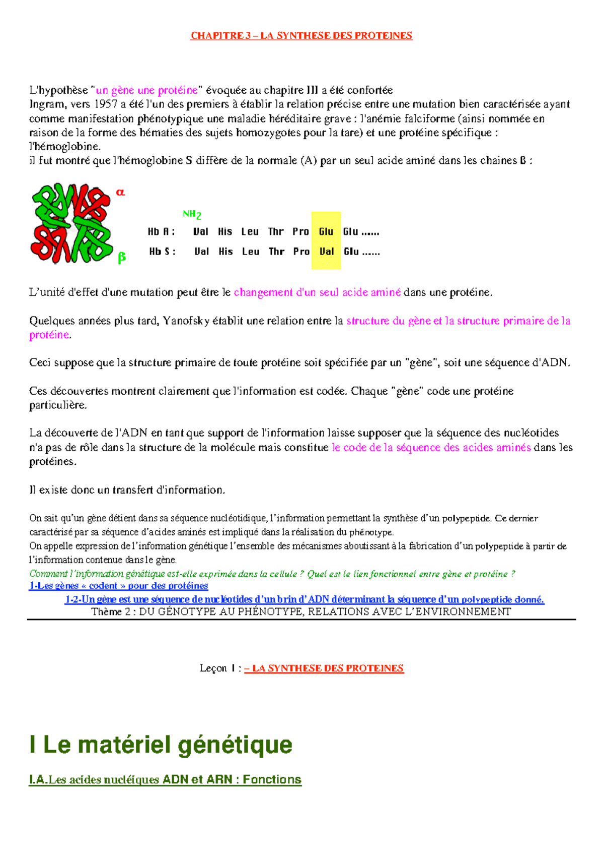 Traduction : synthese des proteines - CHAPITRE 3 – LA SYNTHESE DES ...