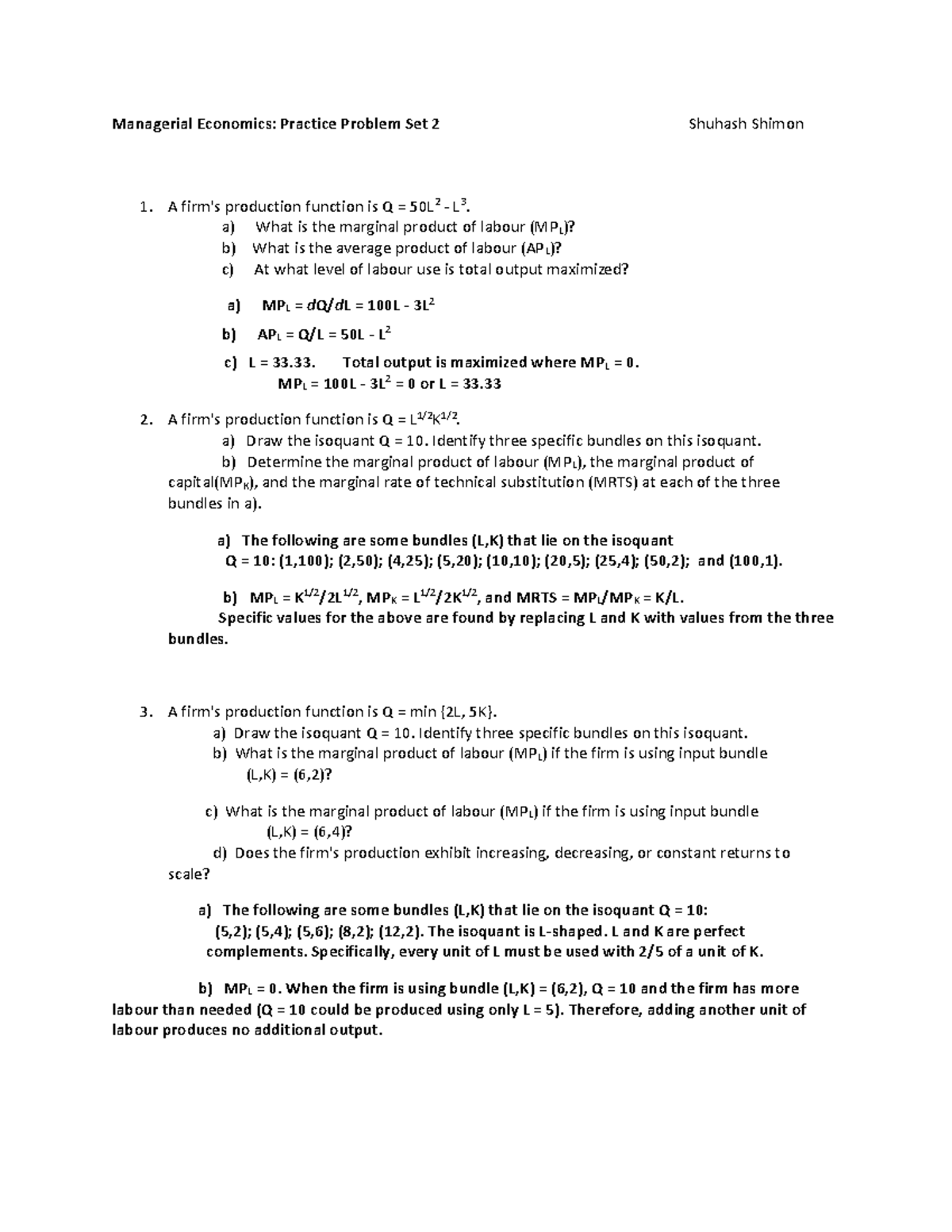 Practice Problem Set 2 Solutions - Managerial Economics: Practice Problem Set 2 Shuhash Shimon A ...