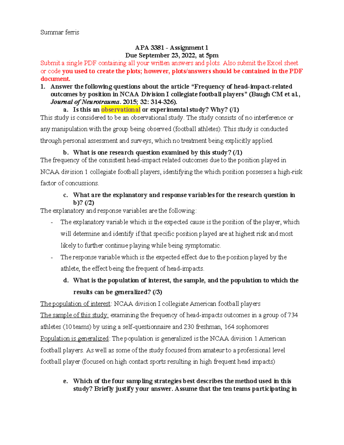 APA 3381- Assignment summar ferris copy - APA 3381 - Assignment 1 Due September 23, 2022, at 5pm ...