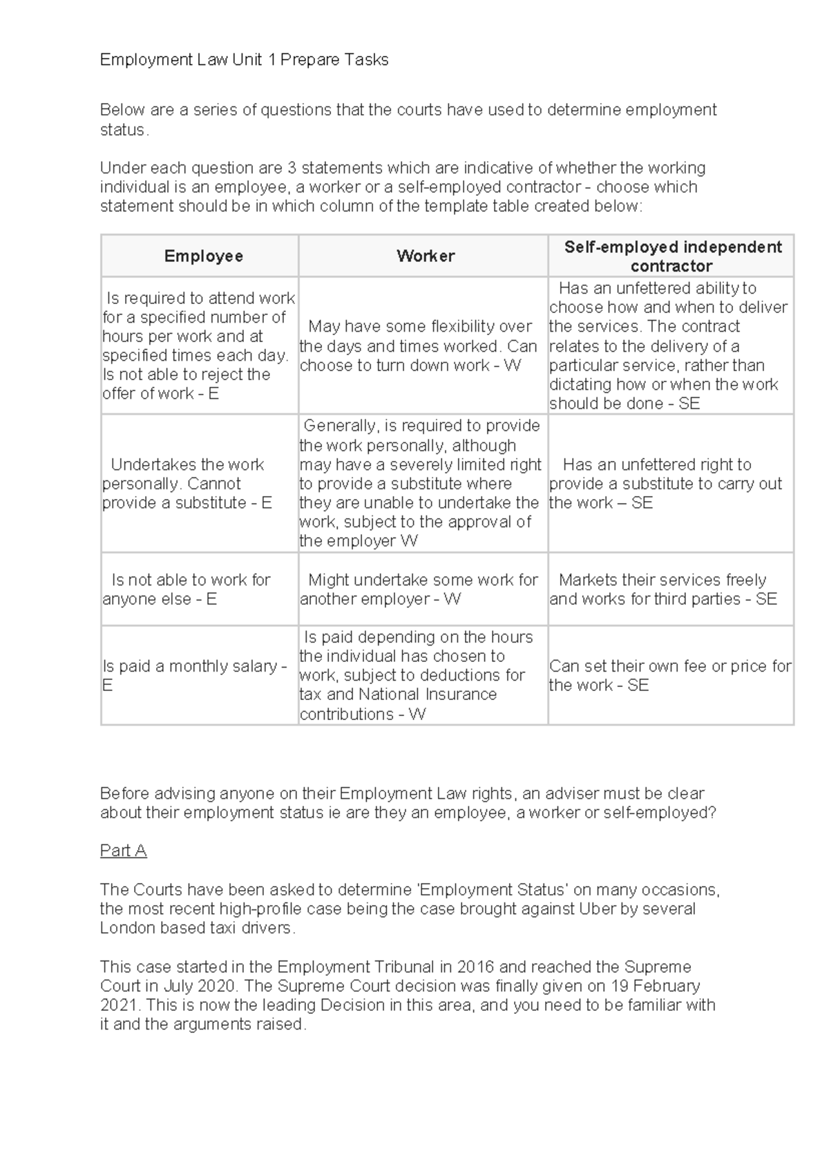 Employment Law Unit 1 Prepare Tasks - Below are a series of questions ...