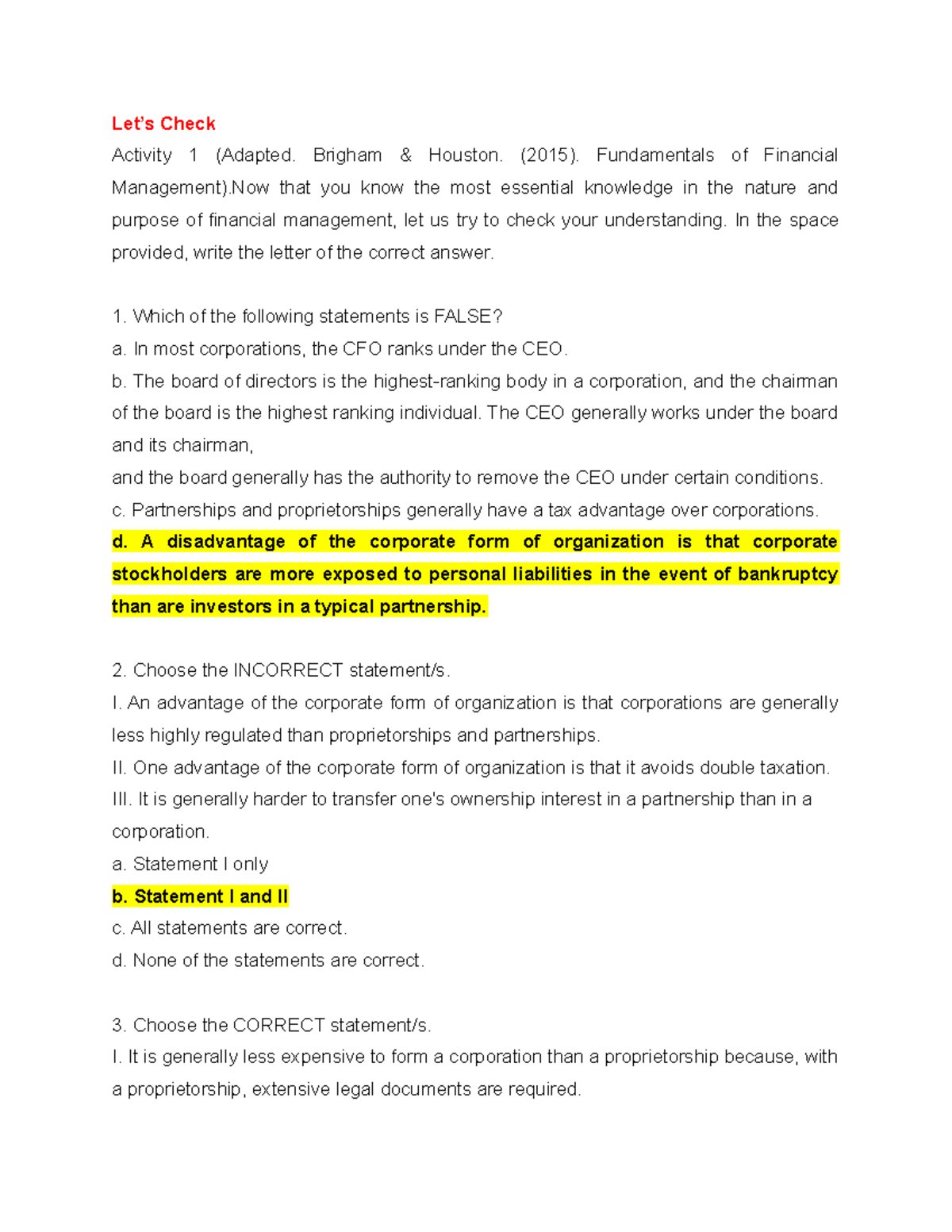 Financial Management - Lets Check - ULO A - Let’s Check Activity 1 ...