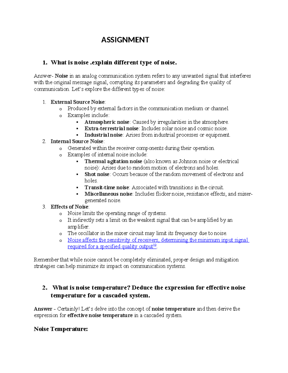 Assignment analog communication - ASSIGNMENT 1. What is noise .explain different type of noise ...
