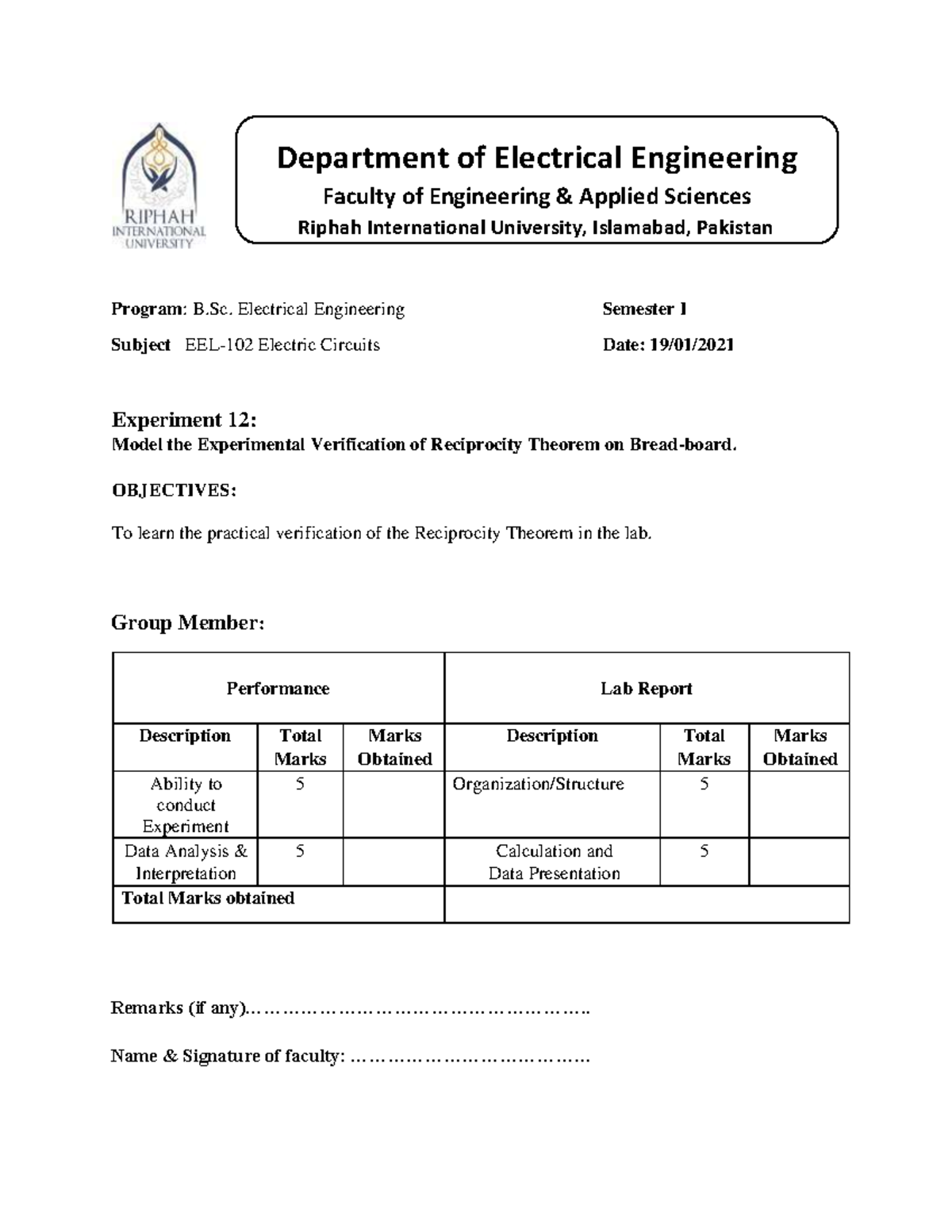 Electric Circuit Lab EEL-102 Report 12 - Department of Electrical ...