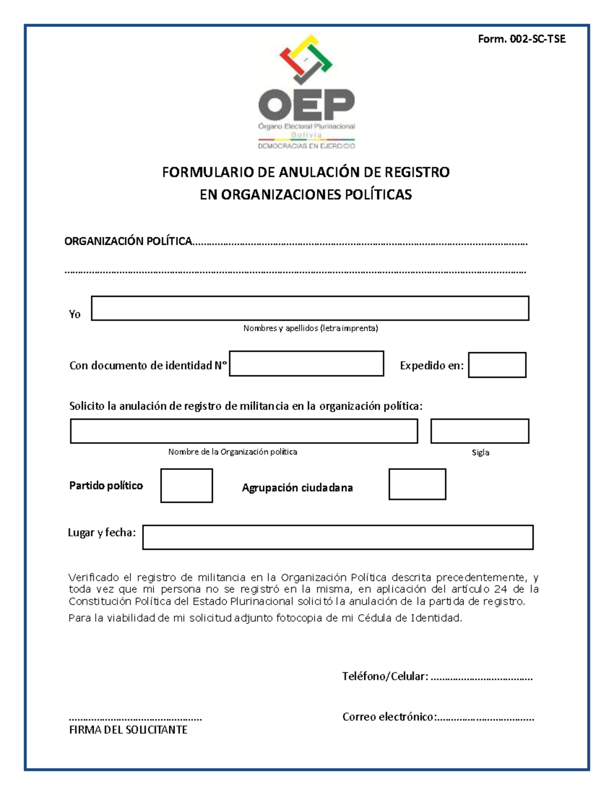 Formulario Anulacion Registro Organizaciones Politicas - Form. 002‐SC ...