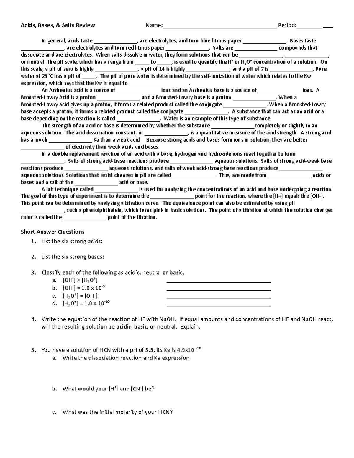 Acids Bases Review - Acids, Bases, & Salts Review Name