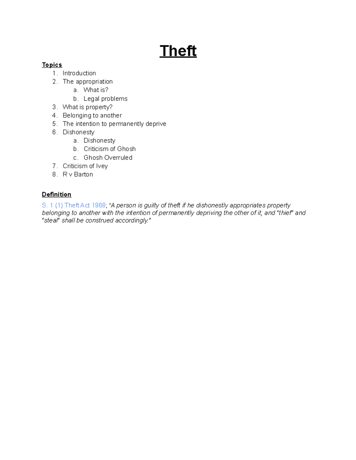 Theft - Lecture Notes - Theft Topics Introduction The appropriation a ...