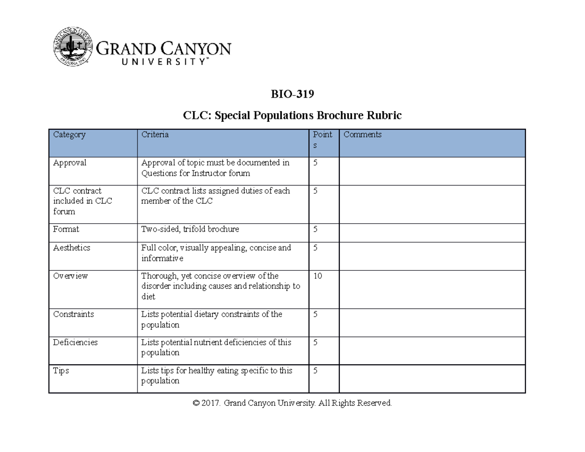 BIO 319 R CLC Special Populations Brochure Rubric - BIO- CLC: Special ...