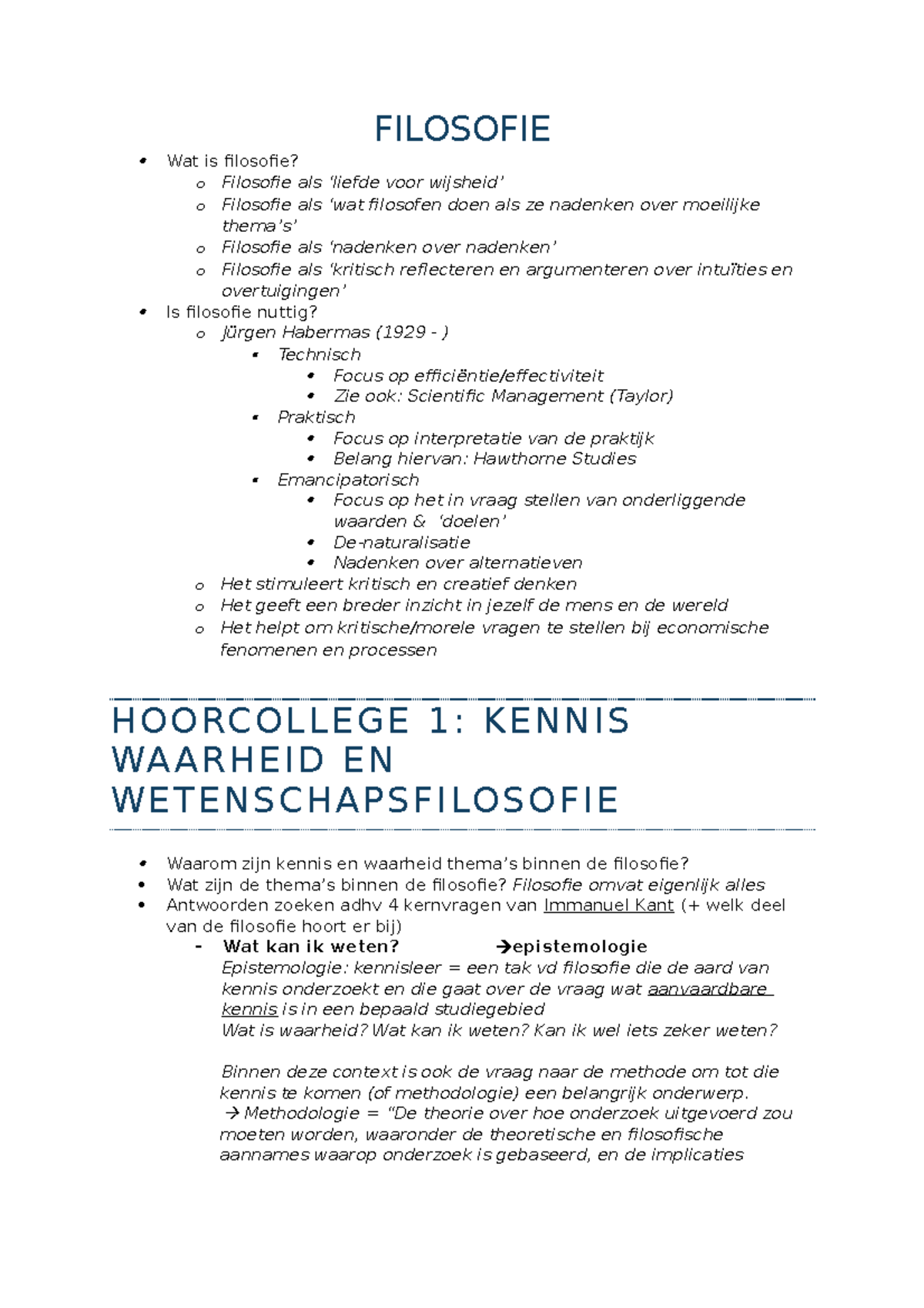 Filosofie - Hoorcolleges 1-6 - FILOSOFIE Wat is filosofie? o Filosofie ...