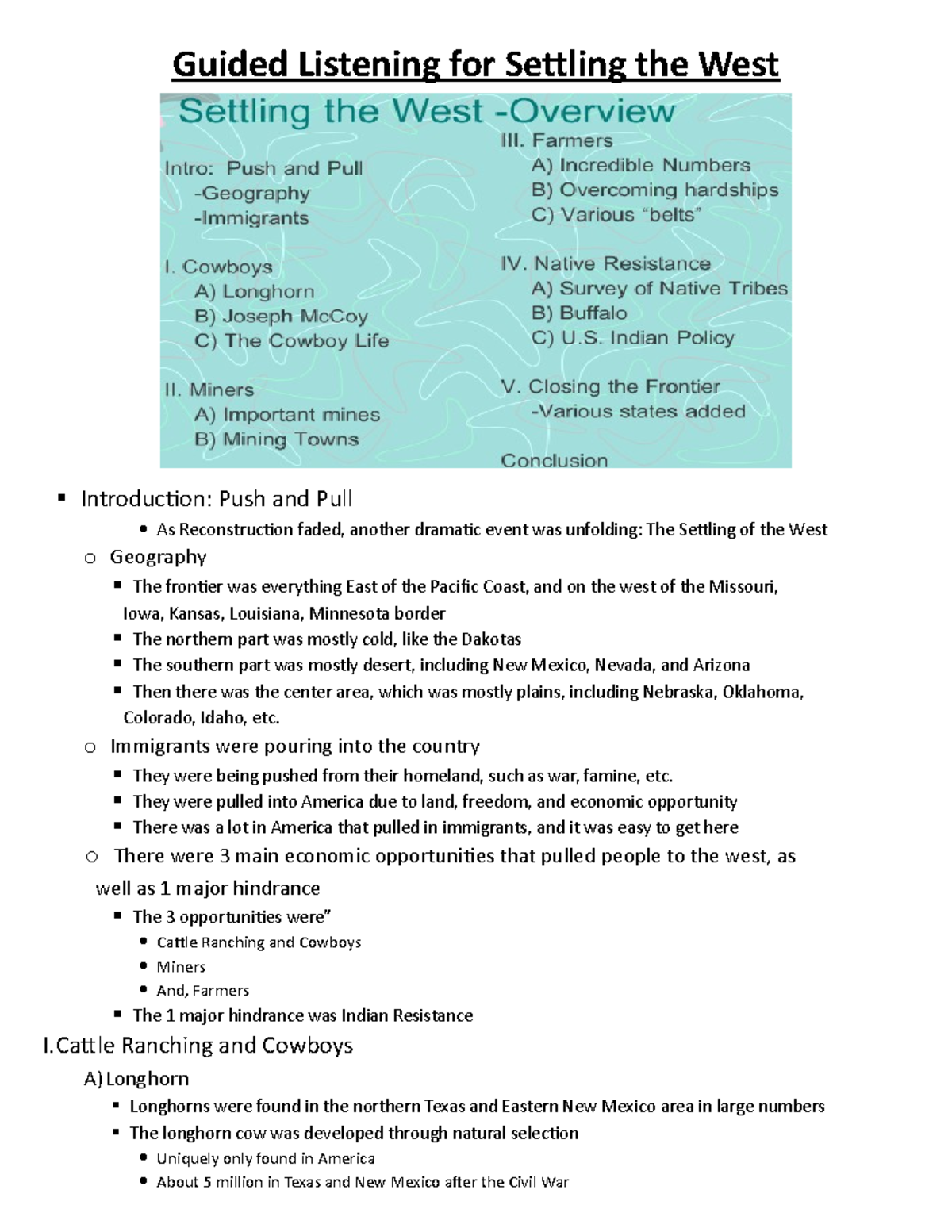 Guided Listening for Settling the West - o Immigrants were pouring into ...