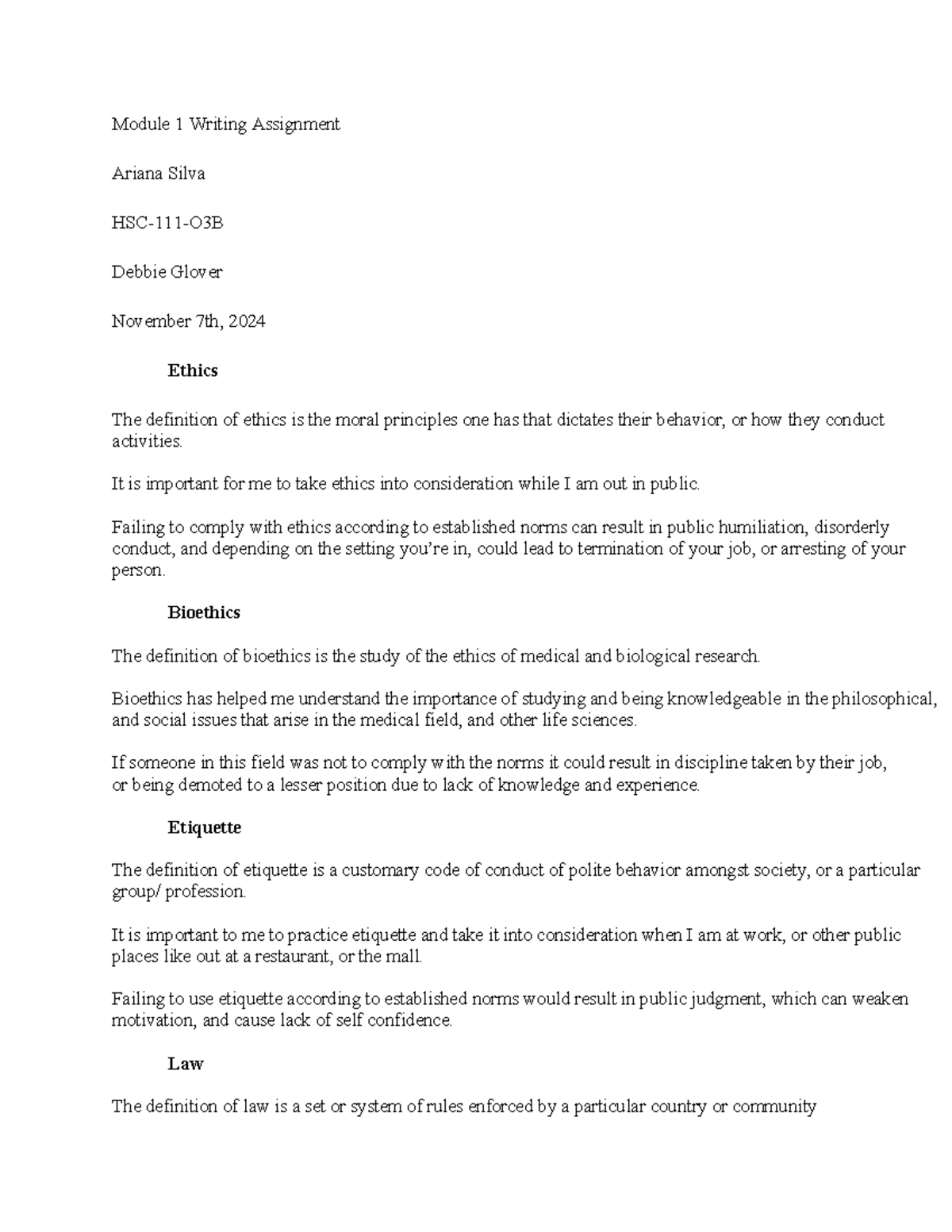 Module 1 Writing Assignment - Module 1 Writing Assignment Ariana Silva HSC-111-O3B Debbie Glover ...