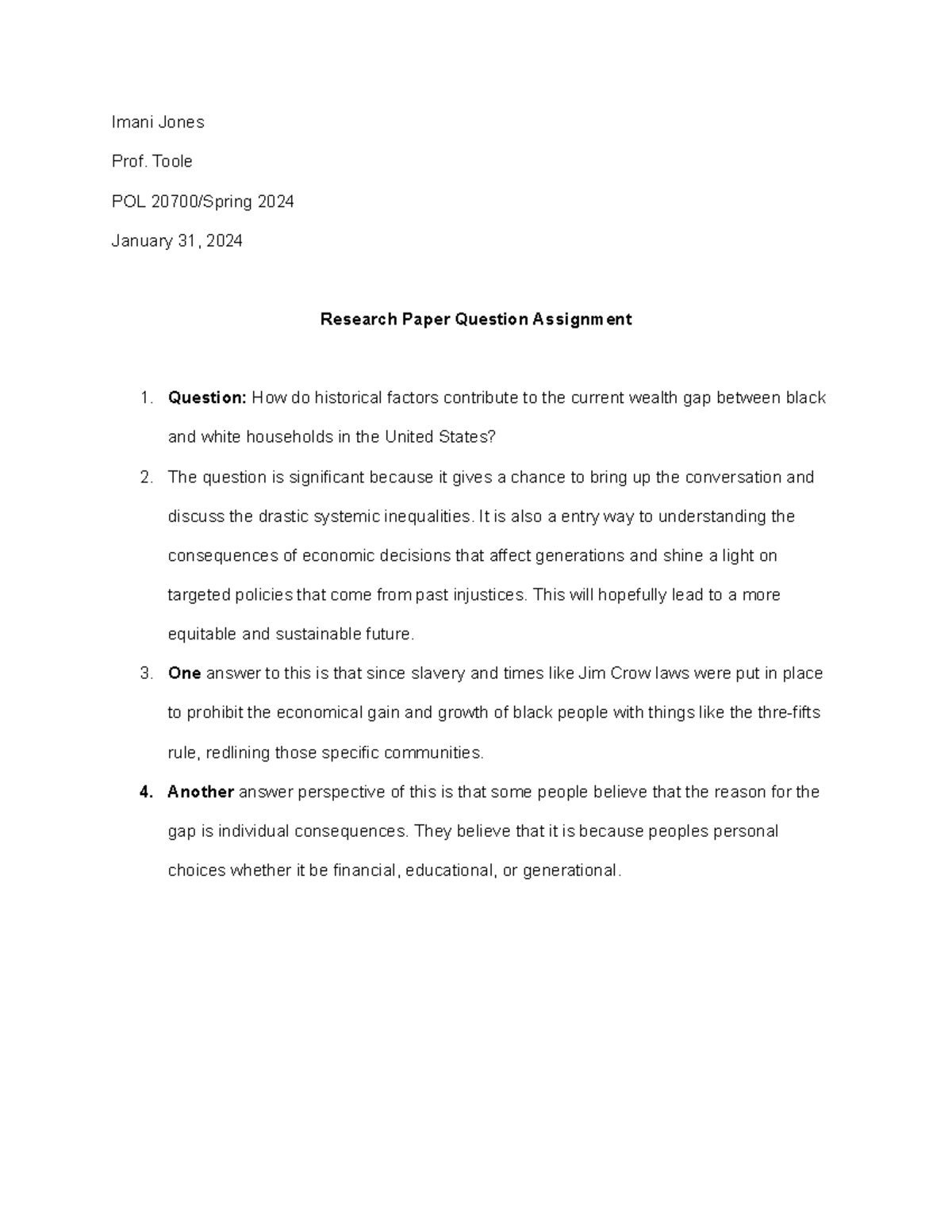 Research Paper Question Assignment - Imani Jones Prof. Toole POL 20700 ...